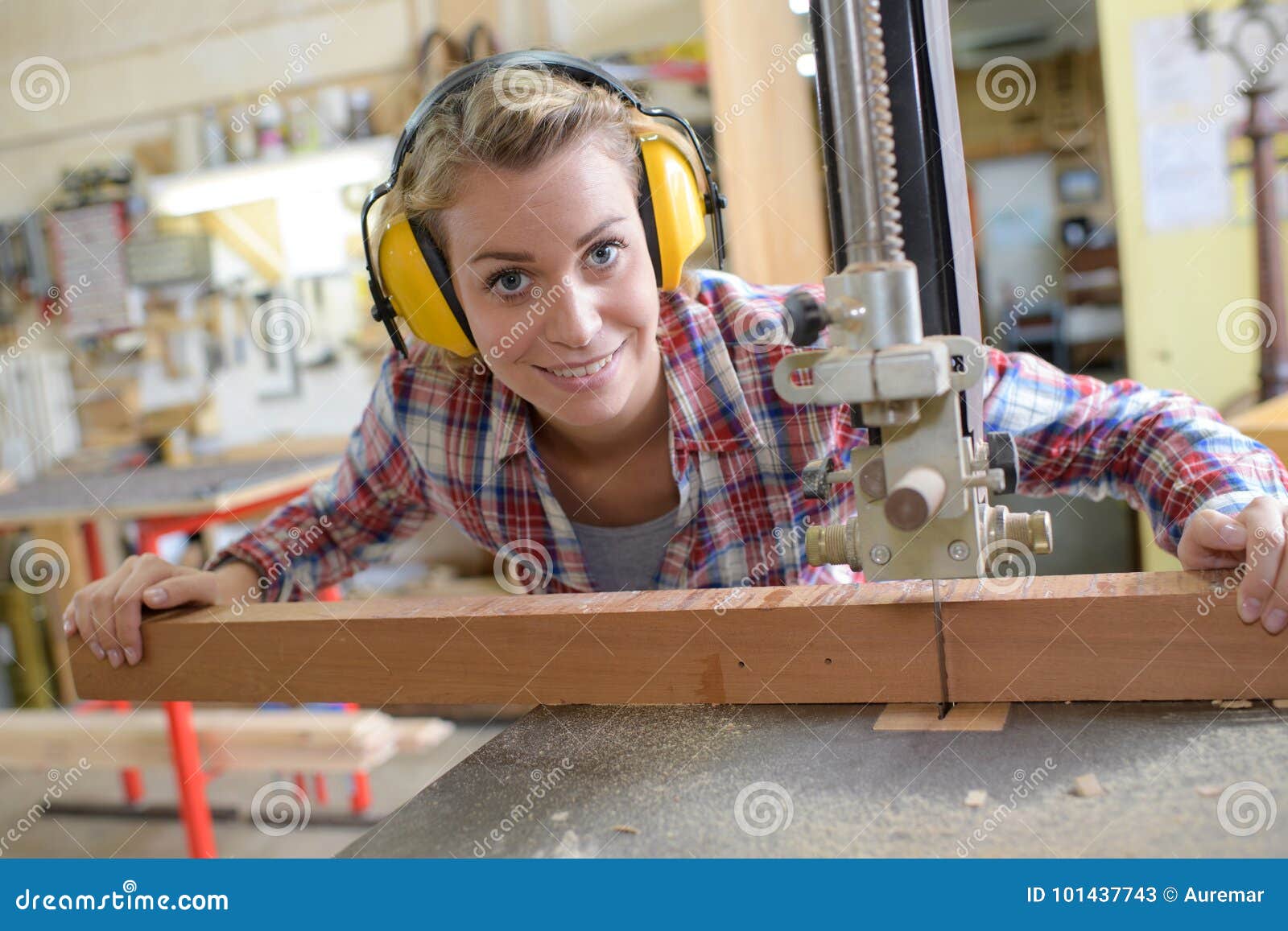 Smiling Female Carpenter in Workshop Stock Image - Image of plumber ...