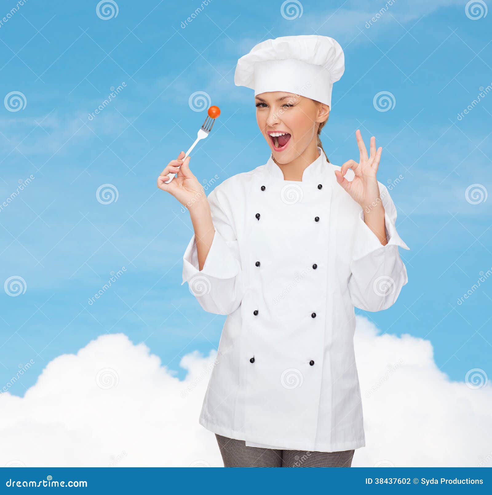 Smiling Female Chef with Fork and Tomato Stock Photo - Image of person ...
