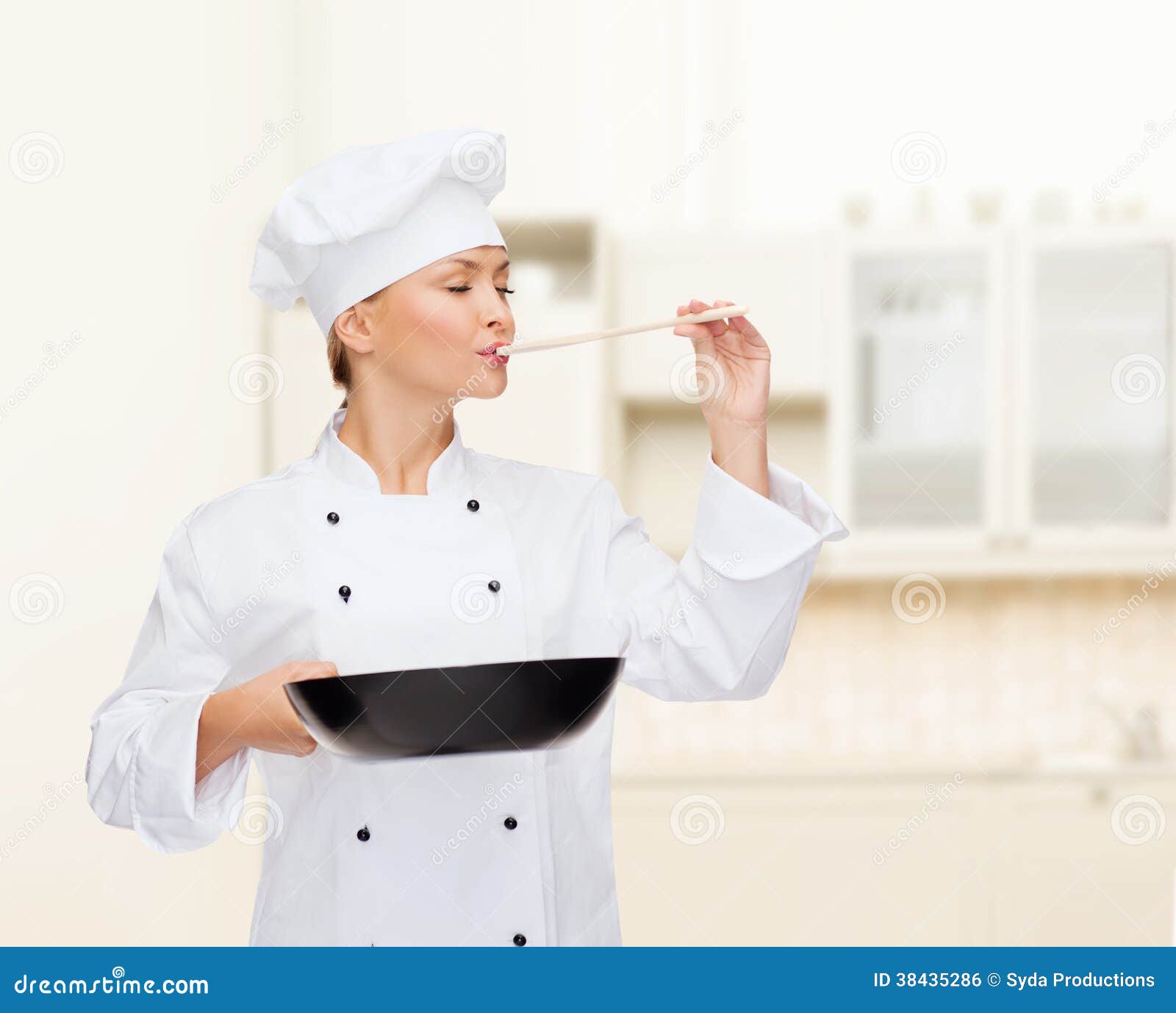 Smiling Female Chef with Pan and Spoon Stock Photo - Image of gourmet ...