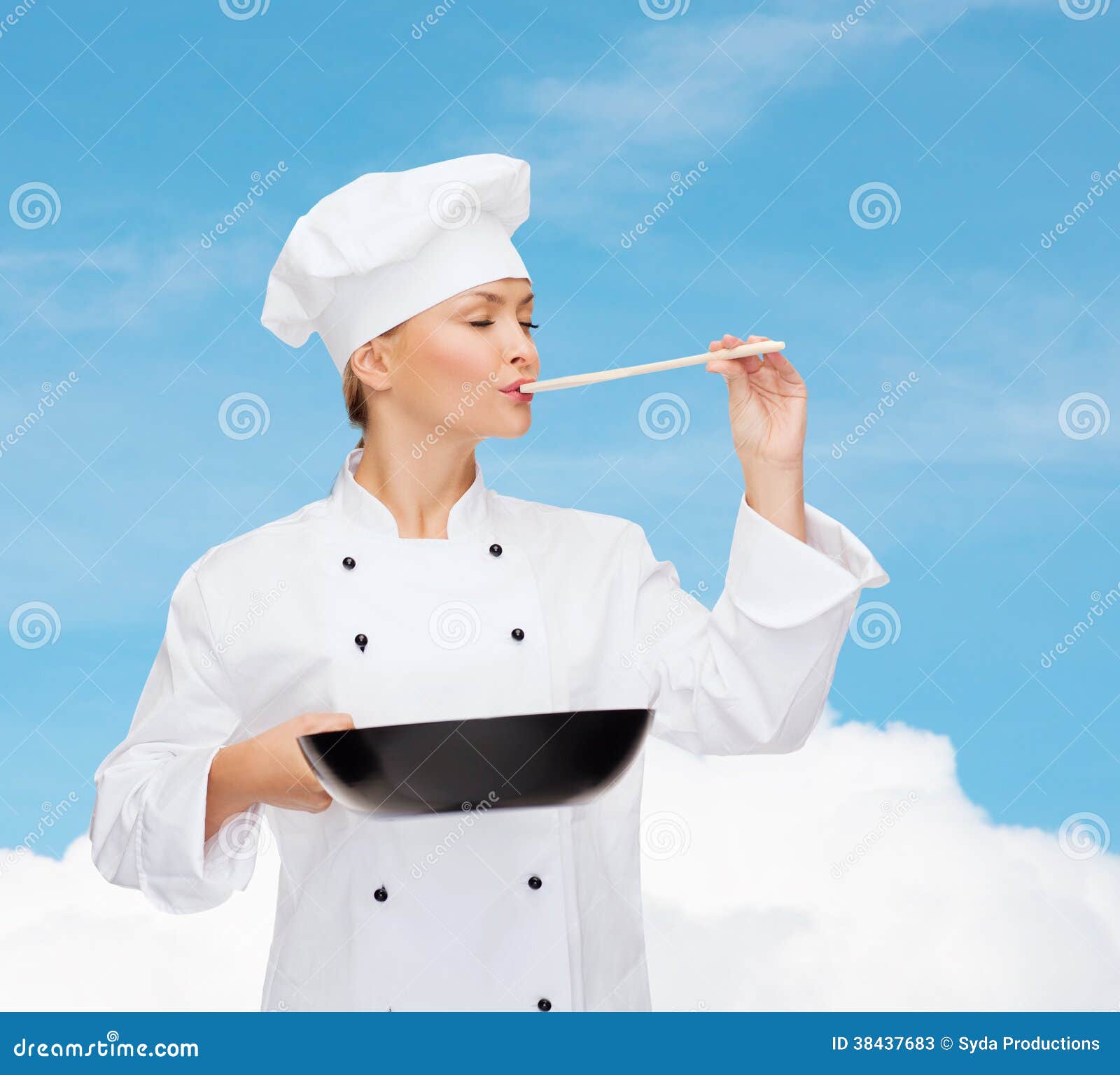 Smiling Female Chef with Pan and Spoon Stock Image - Image of meal ...