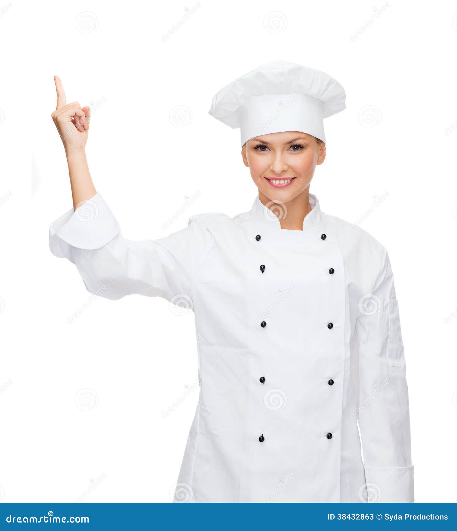Smiling Female Chef Pointing Finger To Sonething Stock Image - Image of ...