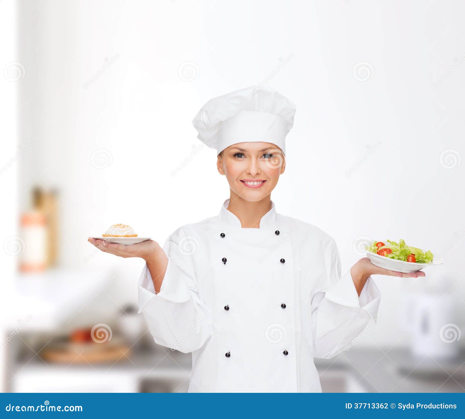 Smiling Female Chef with Salad and Cake on Plates Stock Photo - Image ...