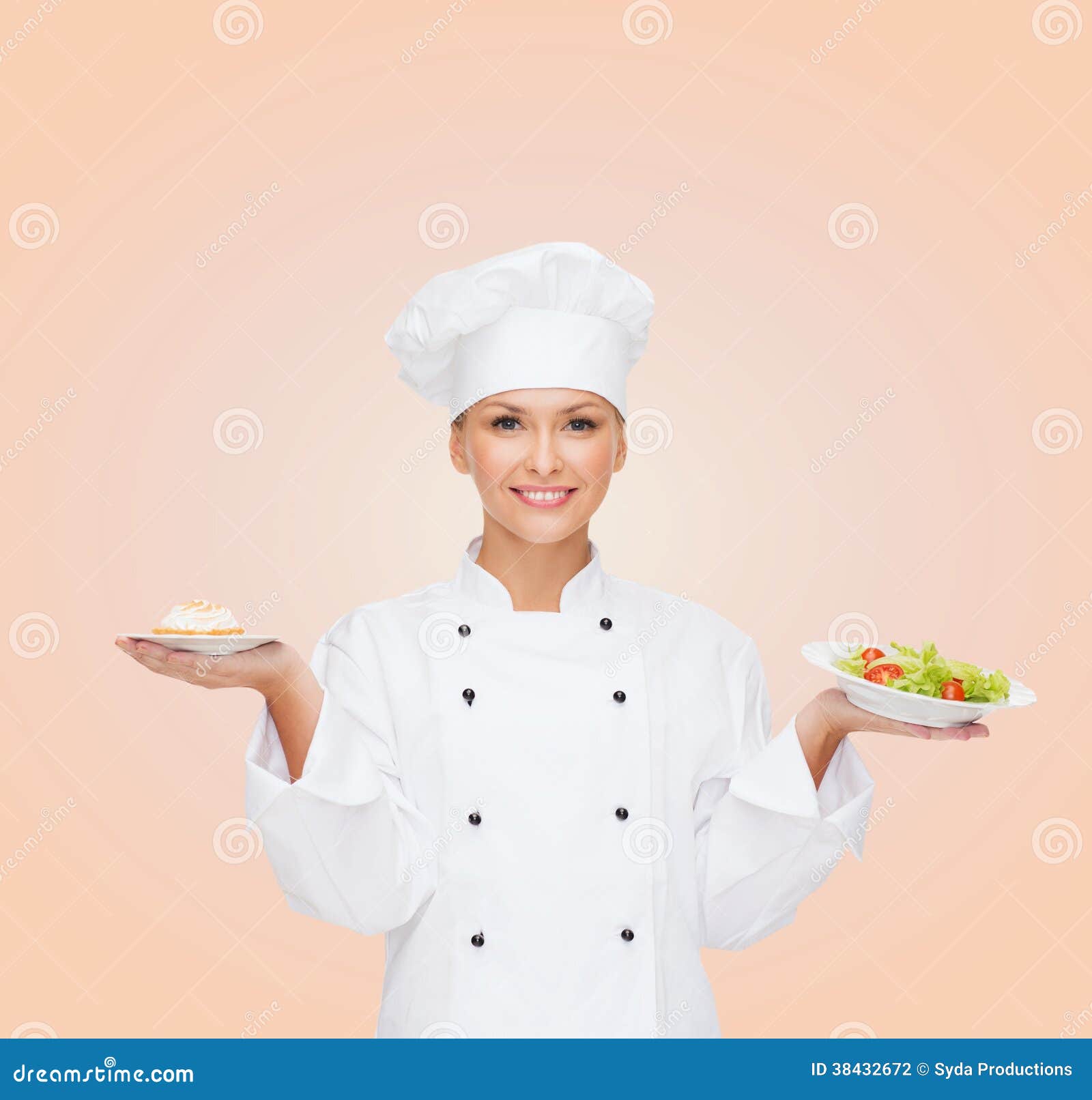 Smiling Female Chef with Salad and Cake on Plates Stock Photo - Image ...