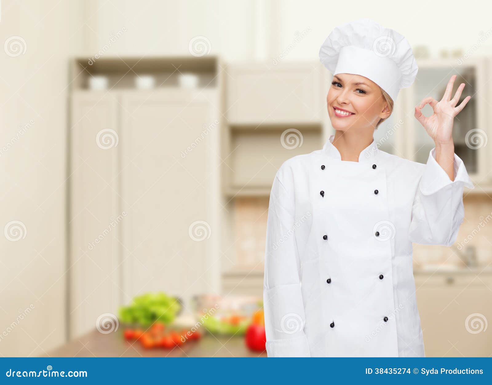 Smiling Female Chef Showing Ok Hand Sign Stock Photo - Image of home ...
