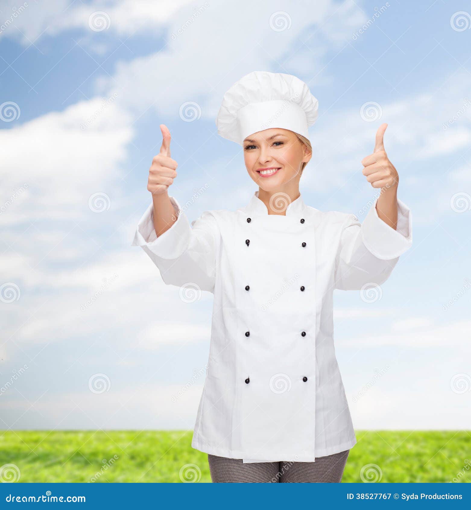 Smiling Female Chef Showing Thumbs Up Stock Image - Image of green ...