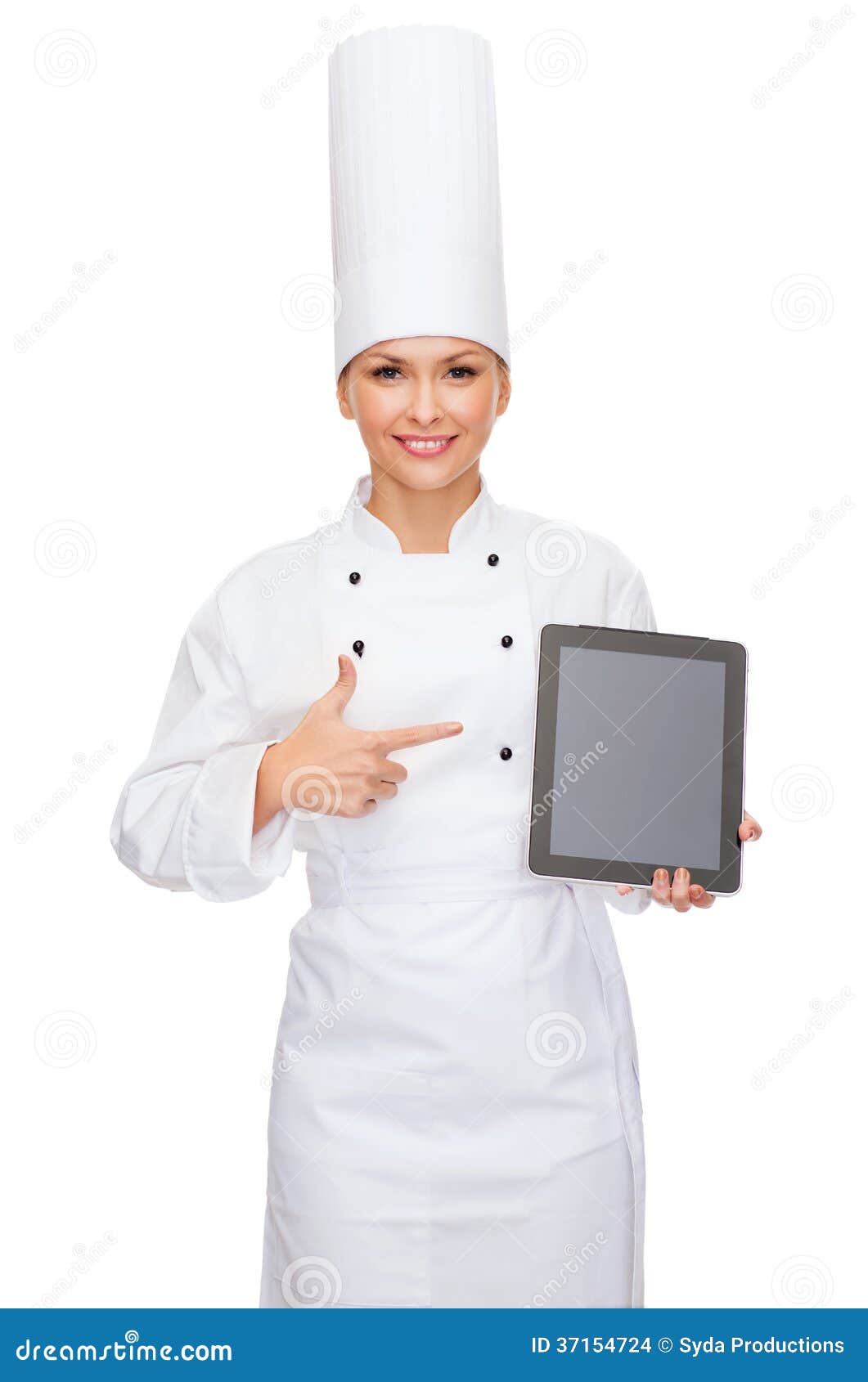 Smiling Female Chef with Tablet Pc Blank Screen Stock Photo - Image of ...