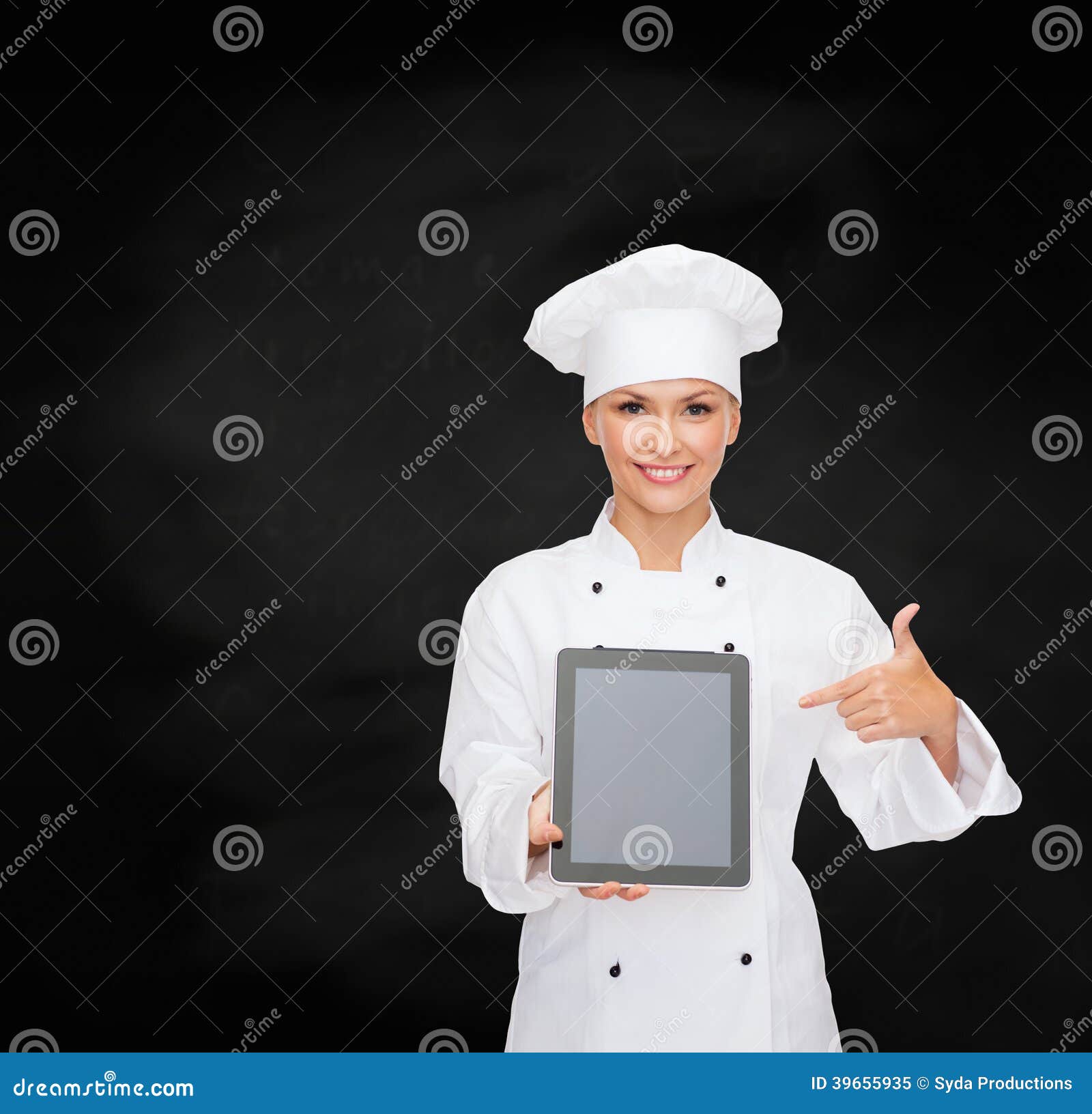 Smiling Female Chef with Tablet Pc Blank Screen Stock Image - Image of ...