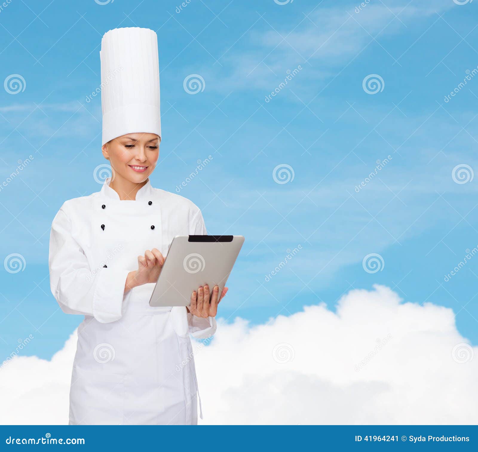 Smiling Female Chef with Tablet Pc Computer Stock Image - Image of ...