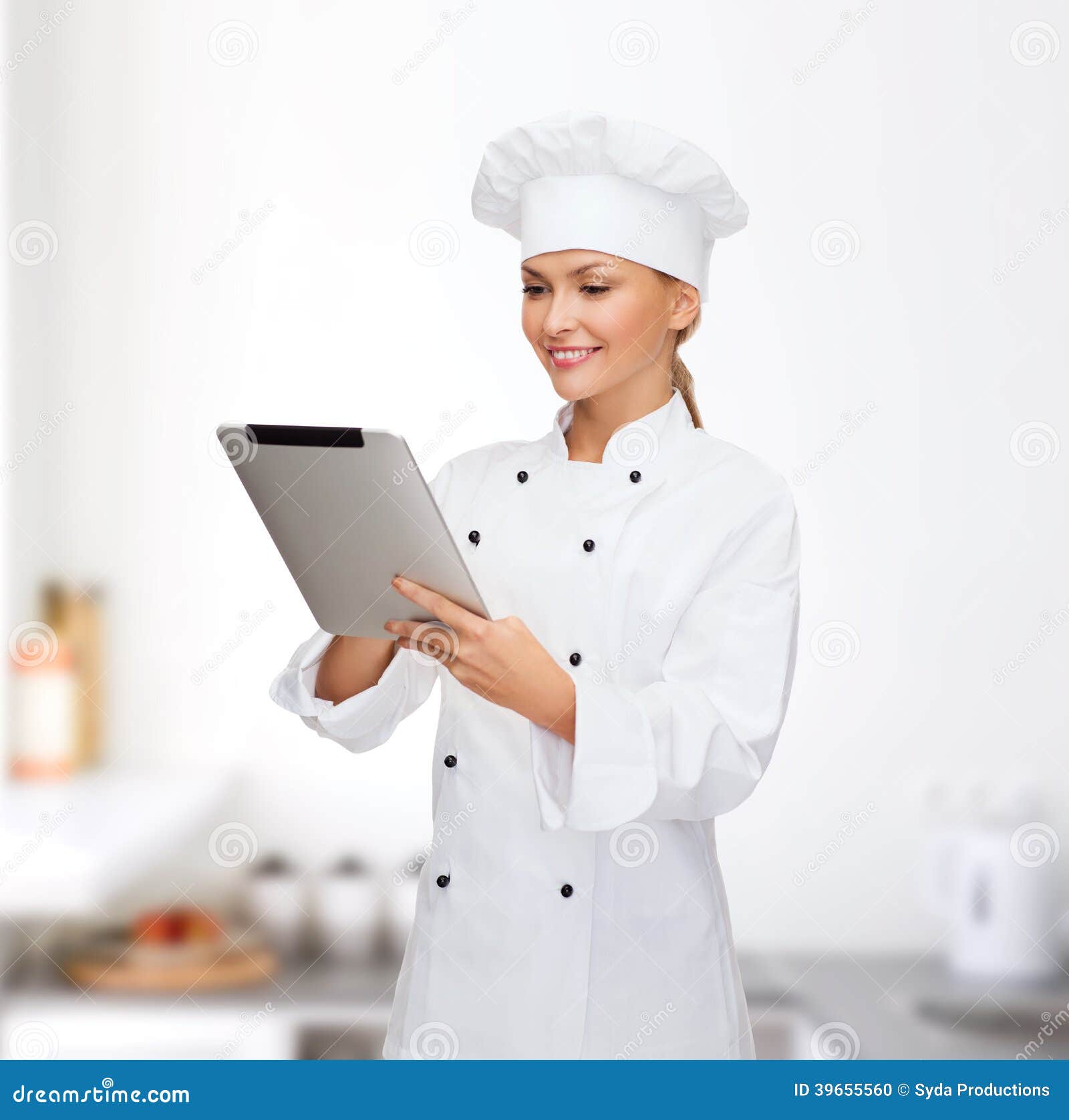 Smiling Female Chef with Tablet Pc Computer Stock Photo - Image of ...