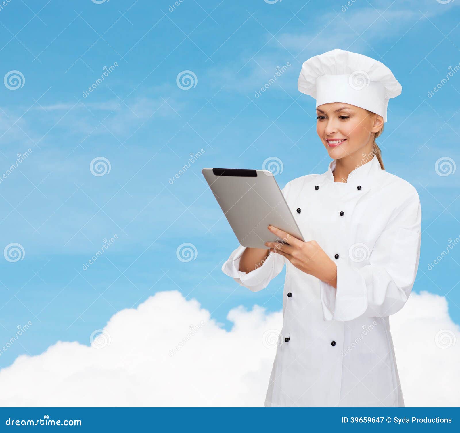 Smiling Female Chef with Tablet Pc Computer Stock Image - Image of ...