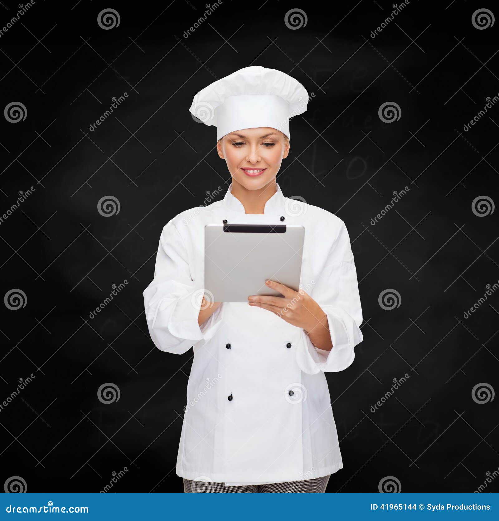 Smiling Female Chef with Tablet Pc Computer Stock Photo - Image of chef ...