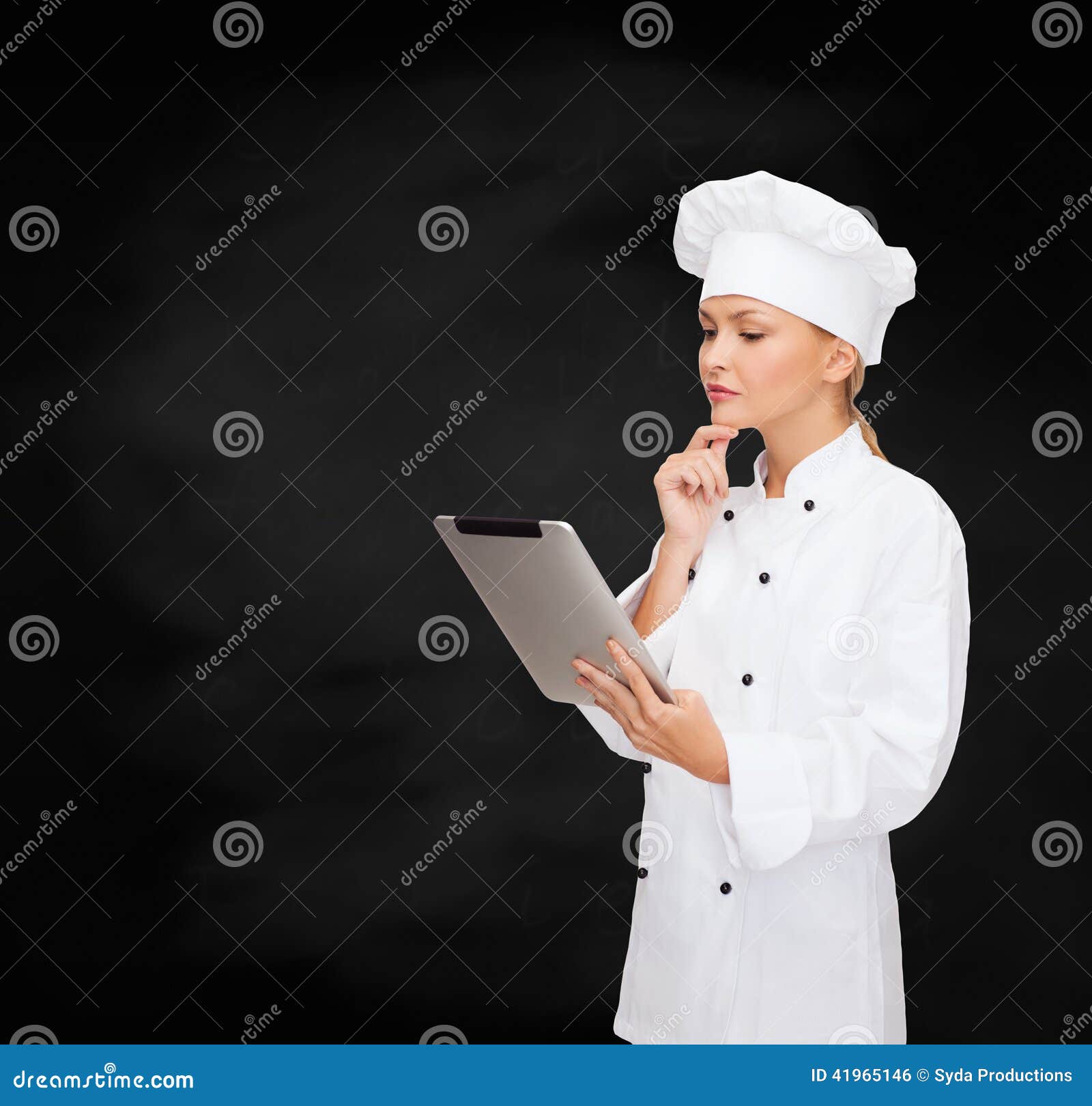Smiling Female Chef with Tablet Pc Computer Stock Photo - Image of ...