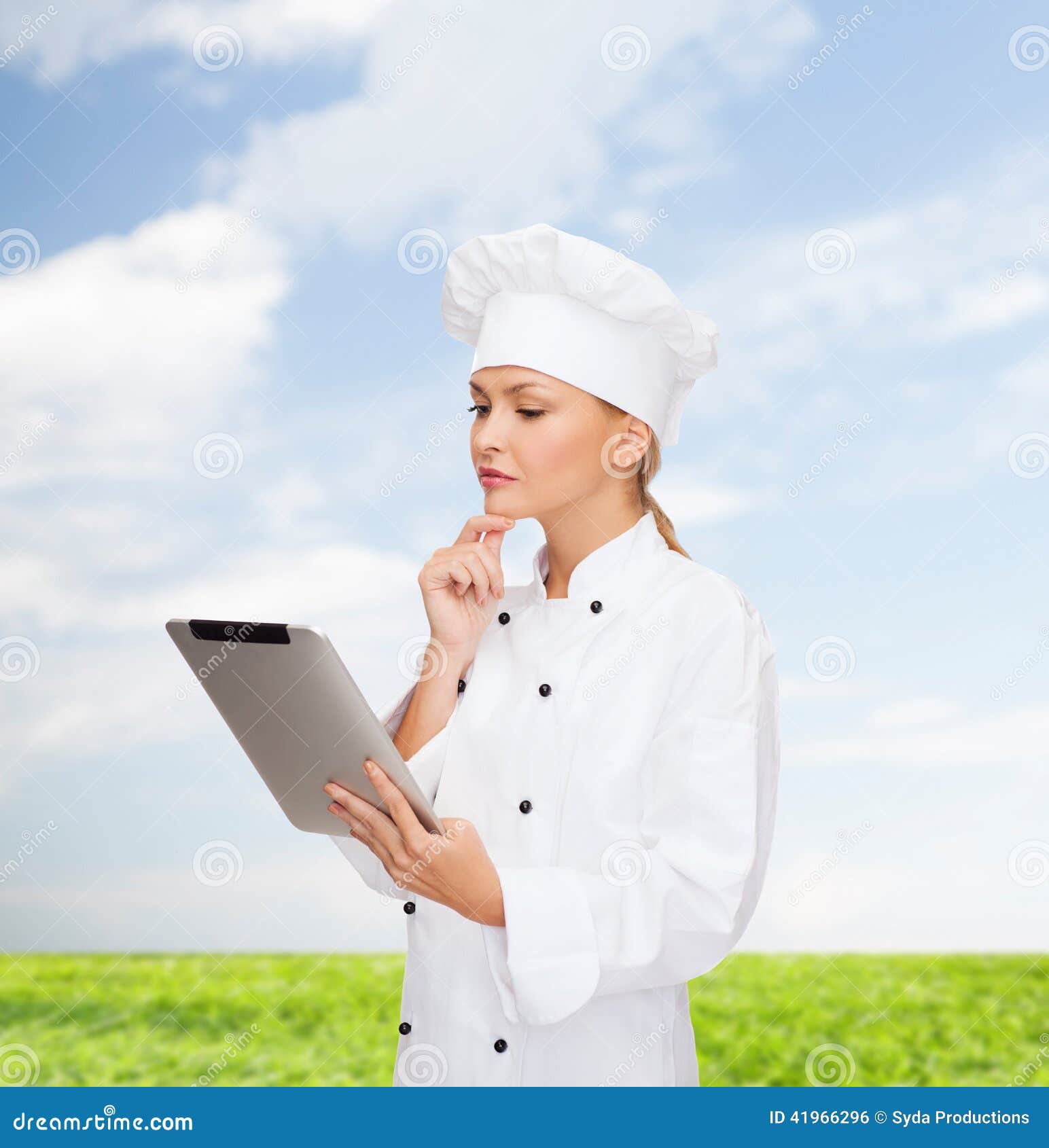 Smiling Female Chef with Tablet Pc Computer Stock Photo - Image of girl ...