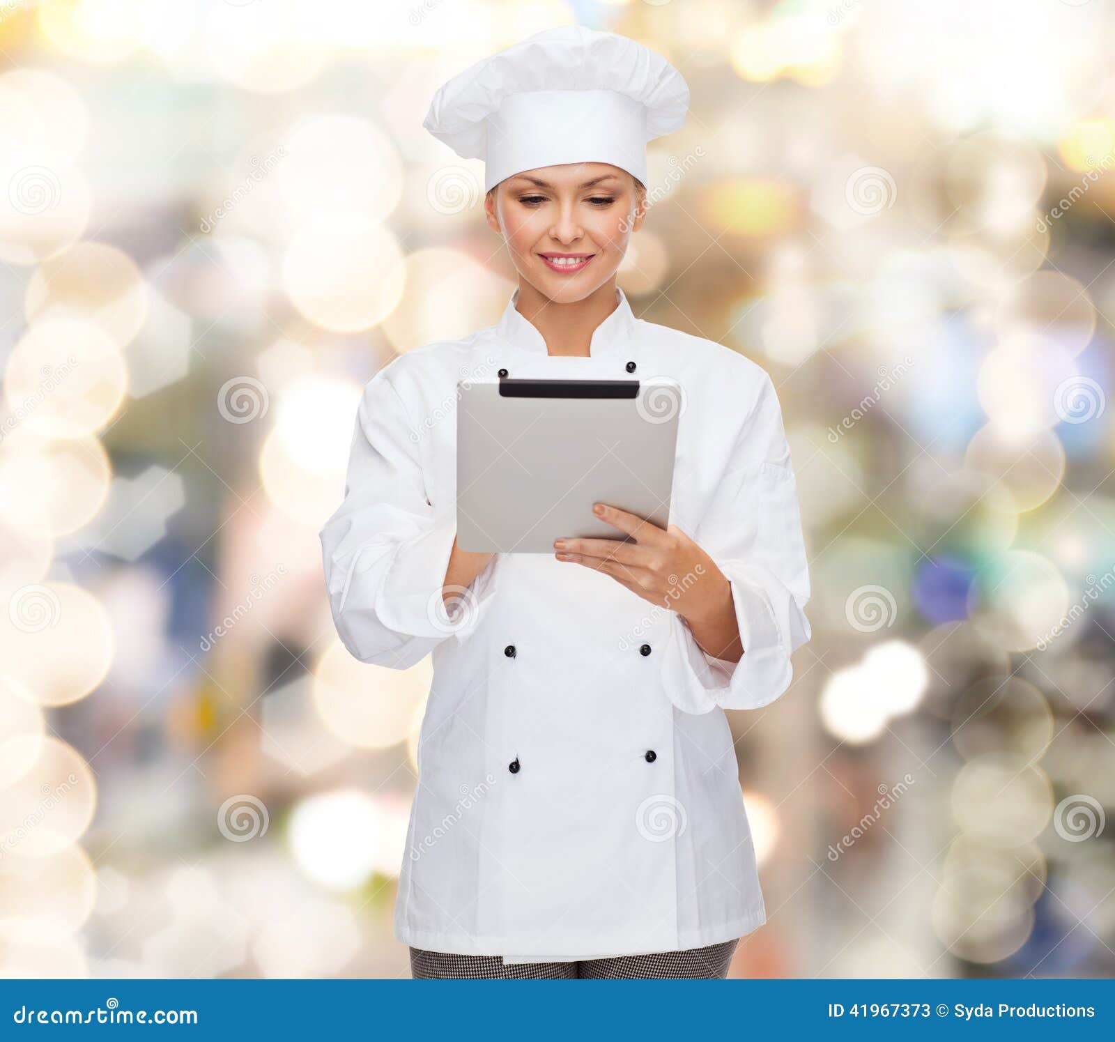 Smiling Female Chef with Tablet Pc Computer Stock Image - Image of ...