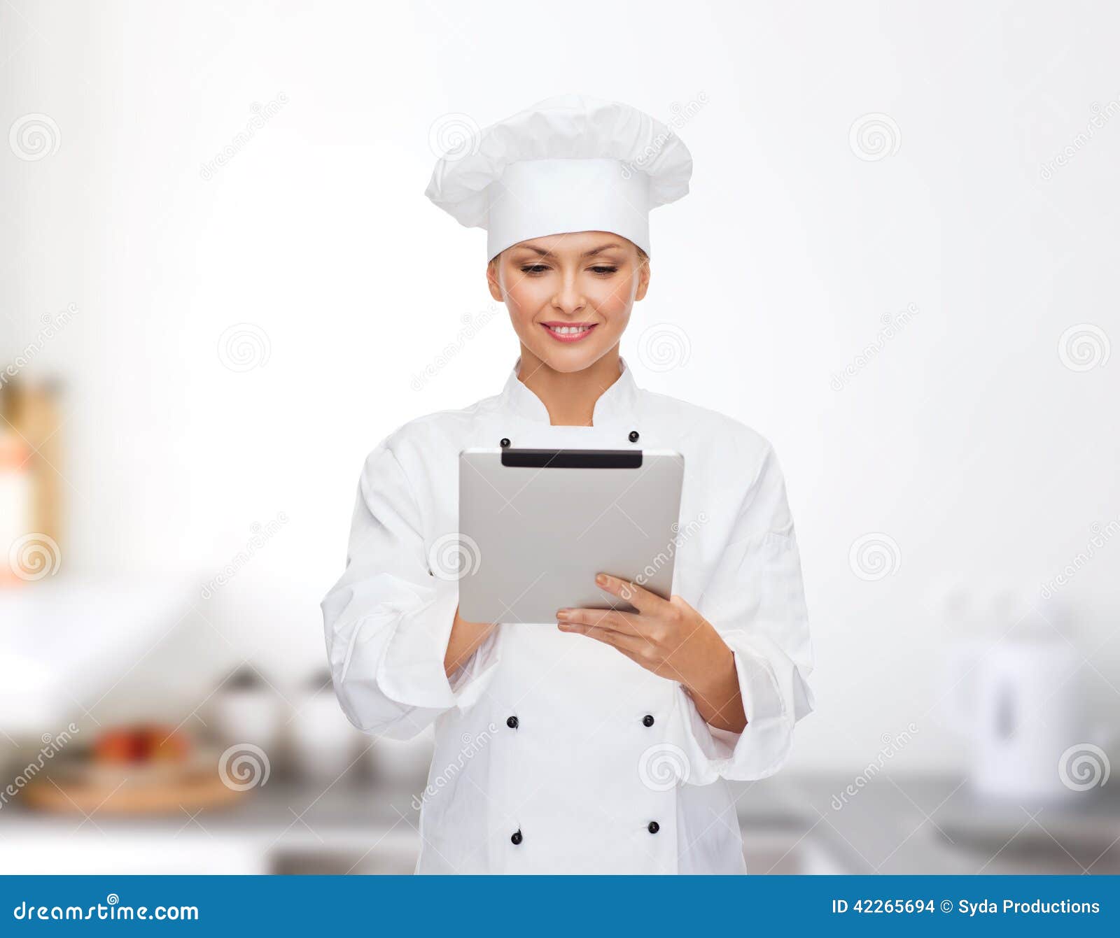 Smiling Female Chef with Tablet Pc Computer Stock Photo - Image of ...