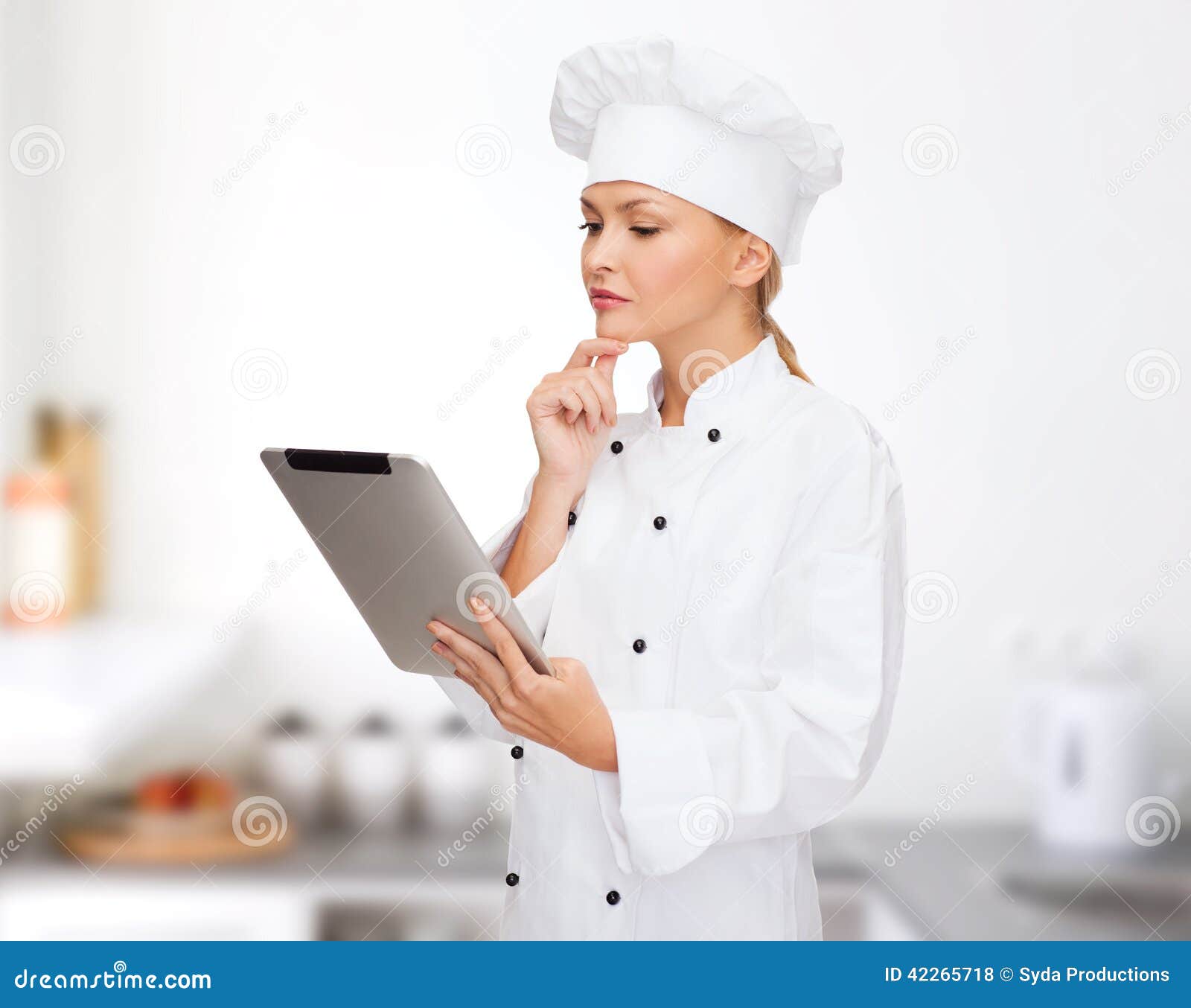 Smiling Female Chef with Tablet Pc Computer Stock Photo - Image of home ...