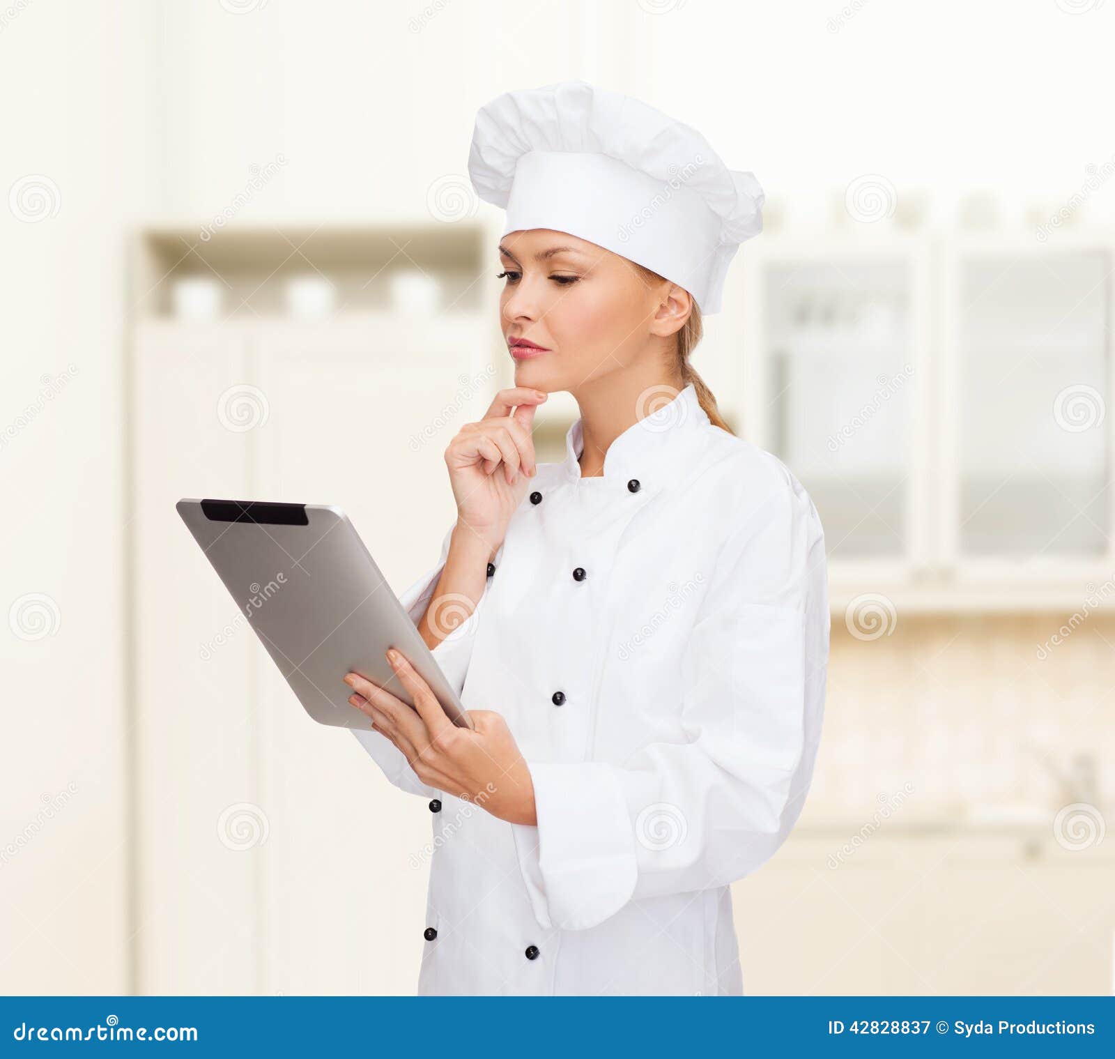 Smiling Female Chef with Tablet Pc Computer Stock Image - Image of ...