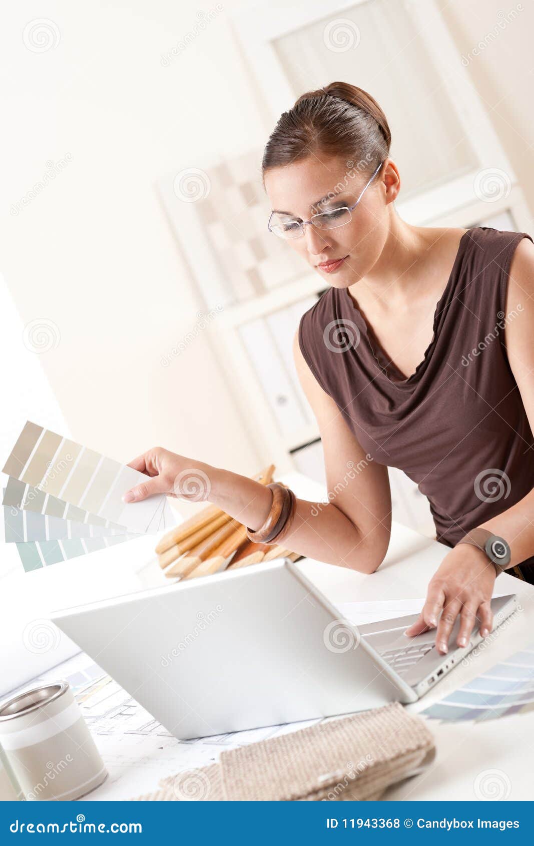 Smiling Female Designer with Color Swatch Stock Photo - Image of paint ...