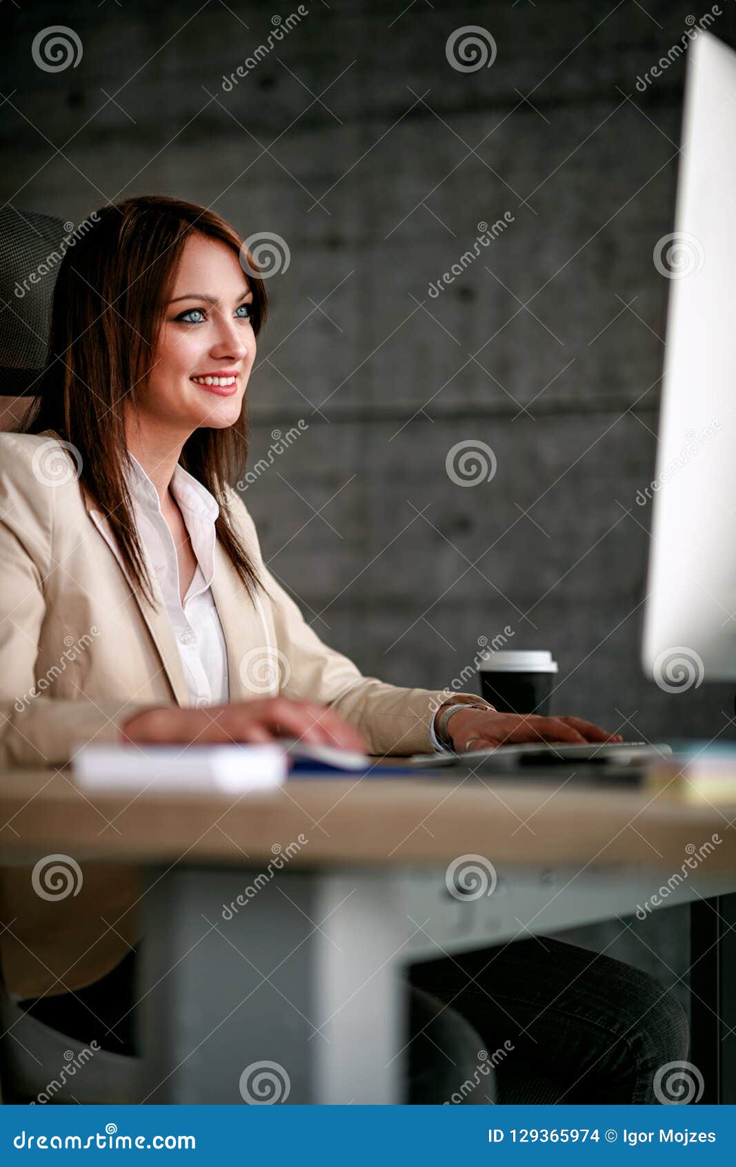 Smiling Female Designer Using Computer in Office Stock Photo - Image of ...
