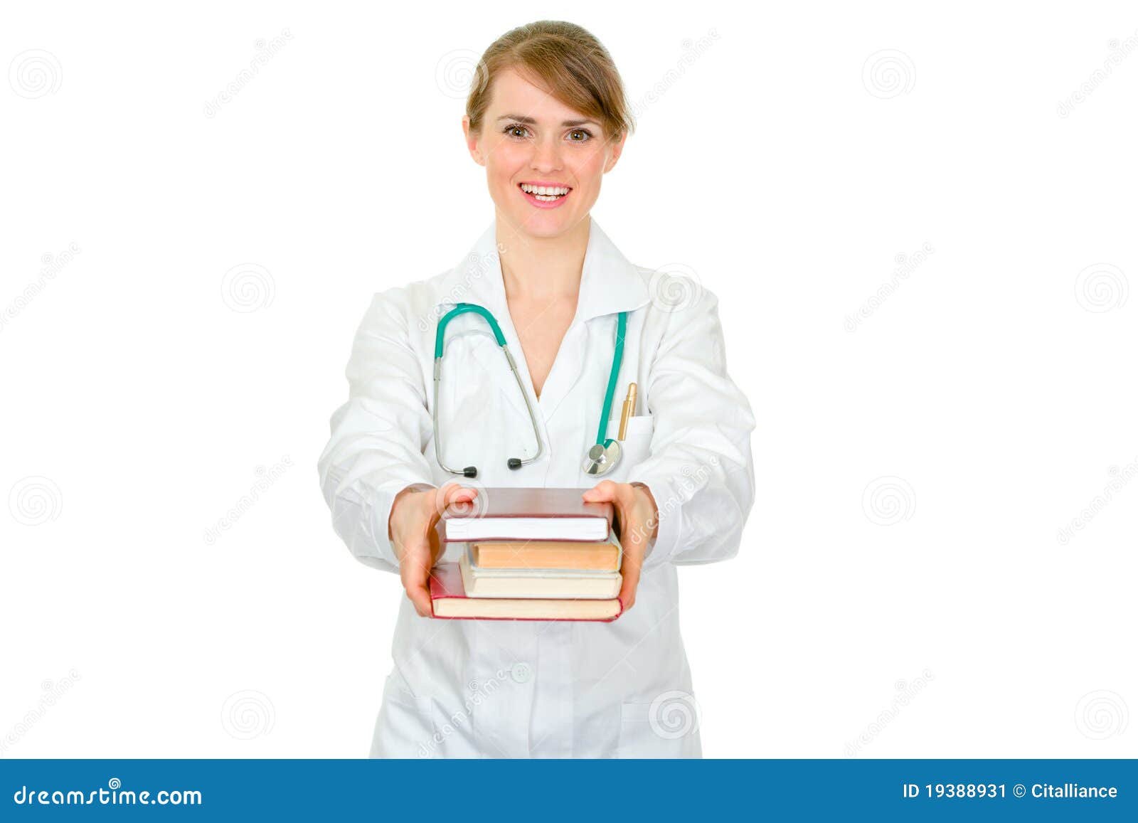 Smiling Female Doctor Giving Several Books Stock Image - Image of ...