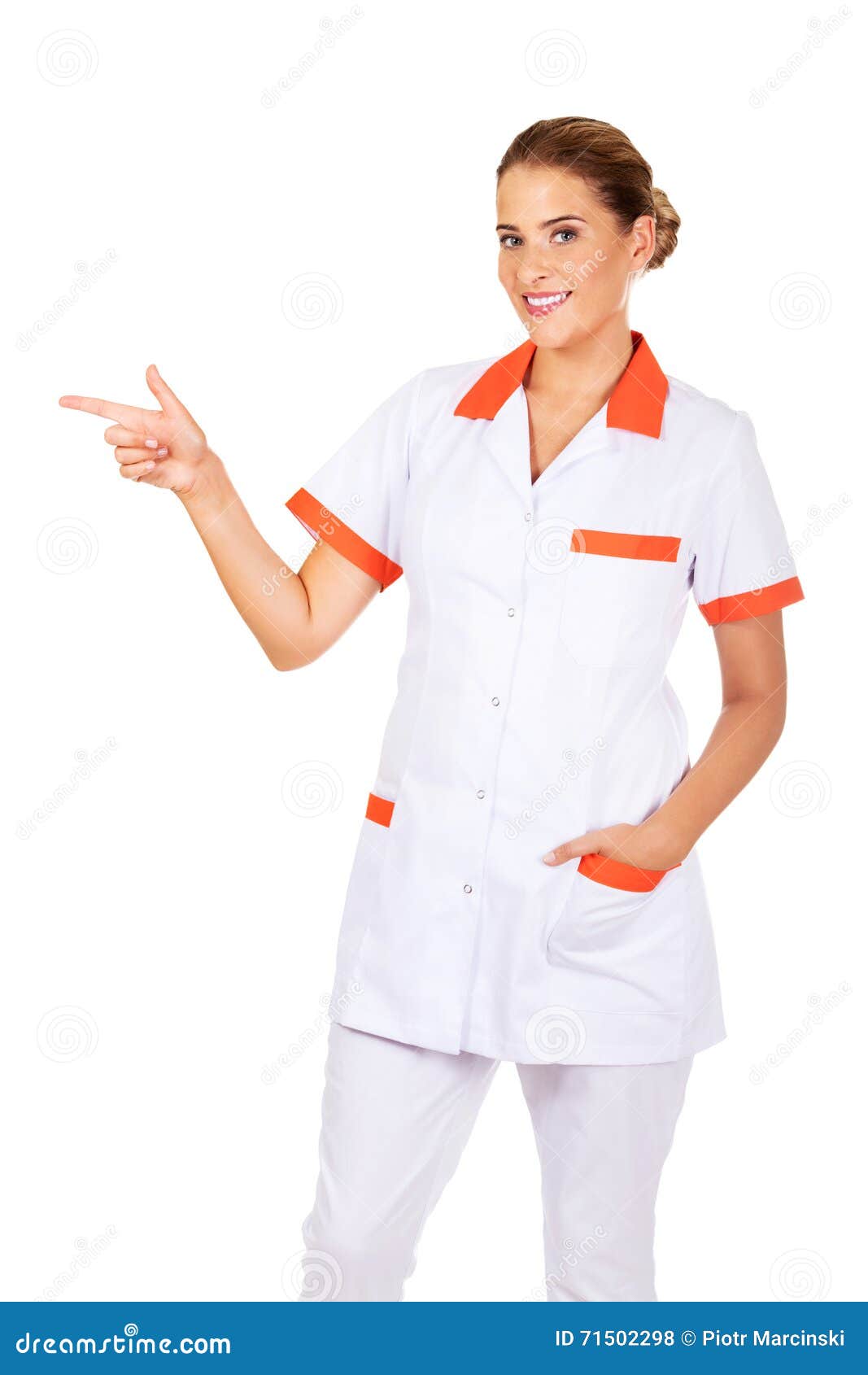 Smiling Female Doctor or Nurse Pointing at Something Stock Photo ...