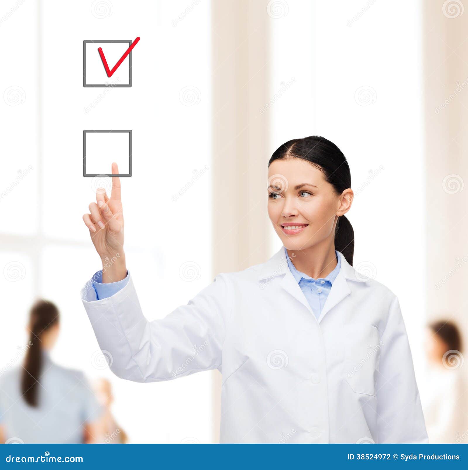 Smiling Female Doctor Pointing Checkbox Stock Photo - Image of ...