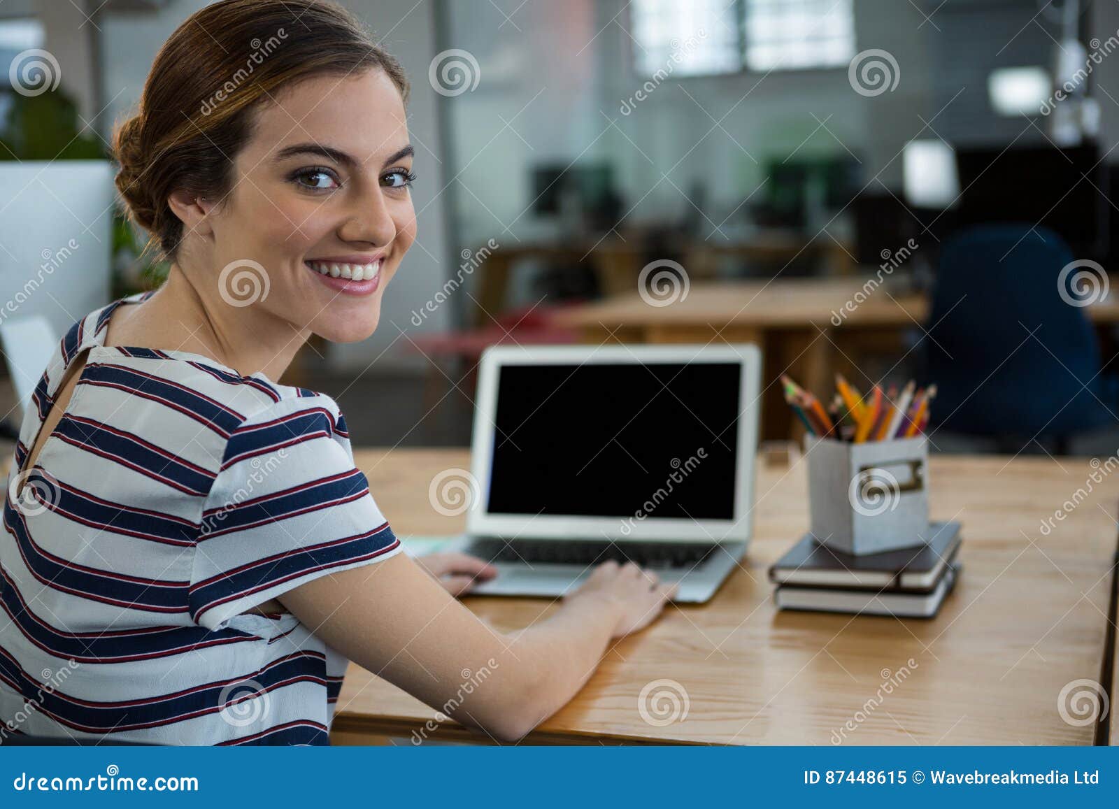 Smiling Female Graphic Designer Using Laptop Stock Image - Image of ...