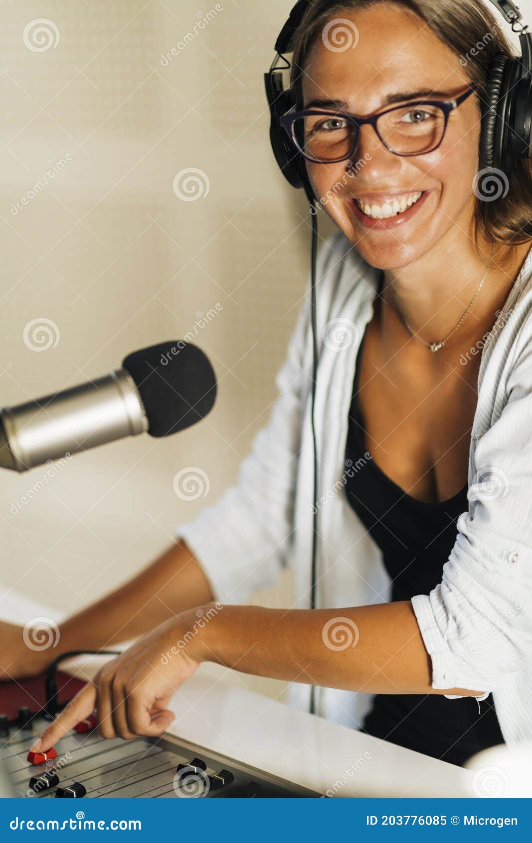 Smiling Female Host Broadcasting Program from Studio Stock Image ...