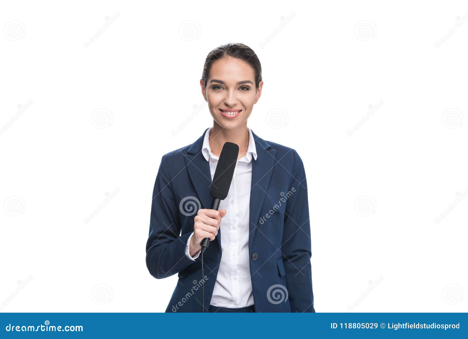 Smiling Female Journalist in Suit with Microphone, Stock Image - Image ...