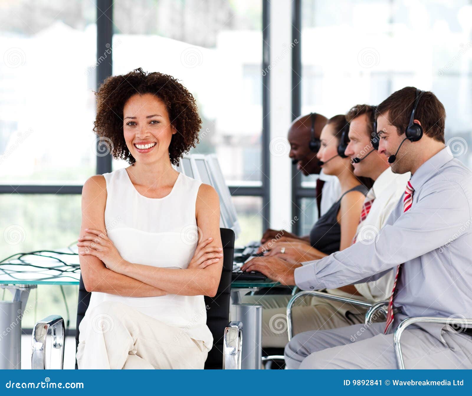 Smiling Female Manager Working in a Call Center Stock Image - Image of ...