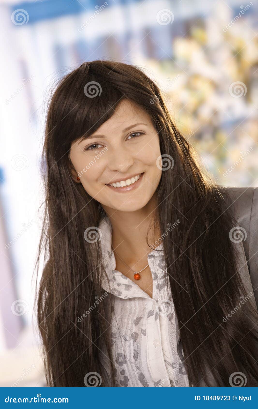 Smiling Female Office Worker with Long Hair Stock Image - Image of ...