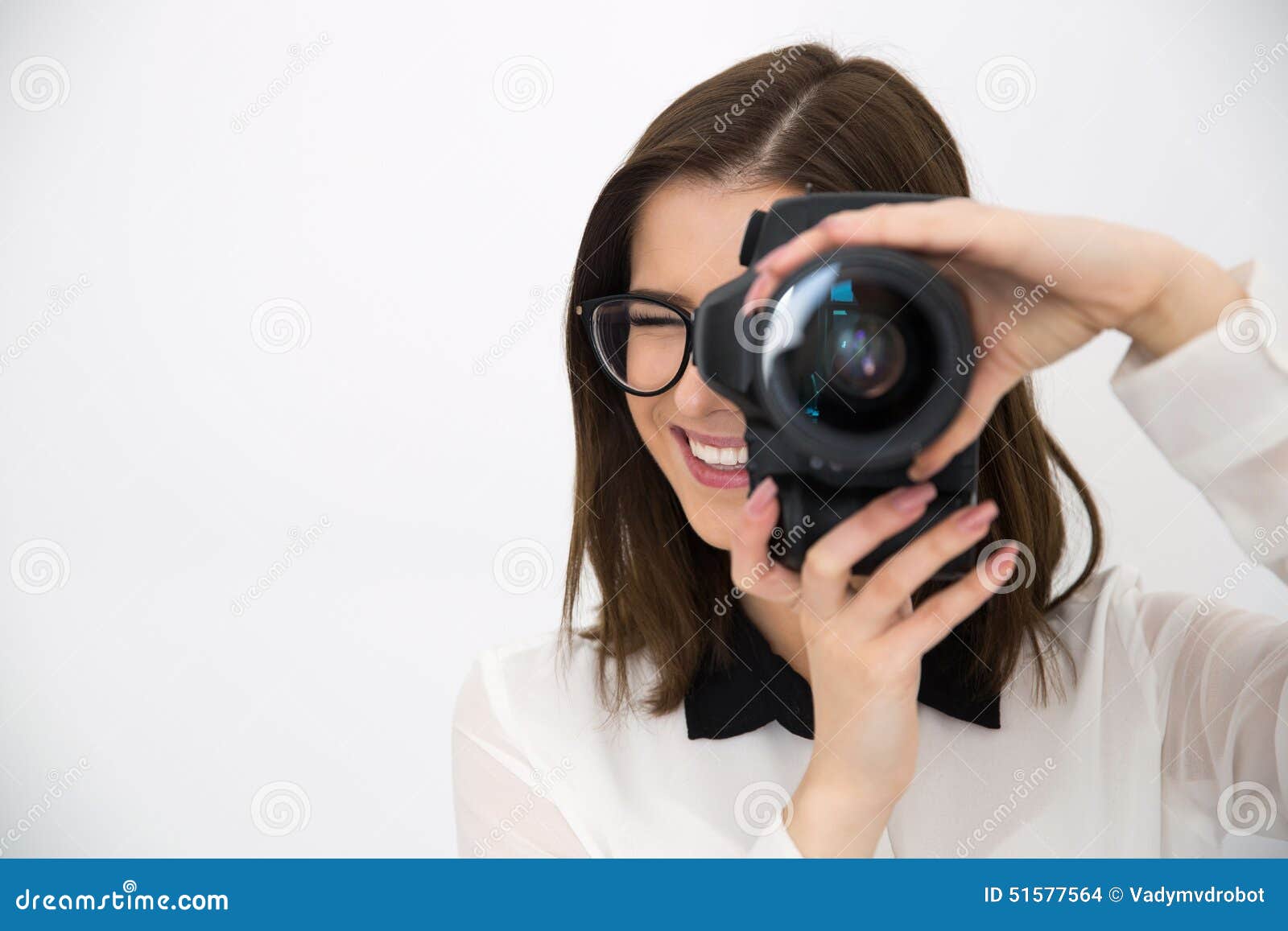 Smiling Female Photographer with Camera Stock Photo - Image of ...