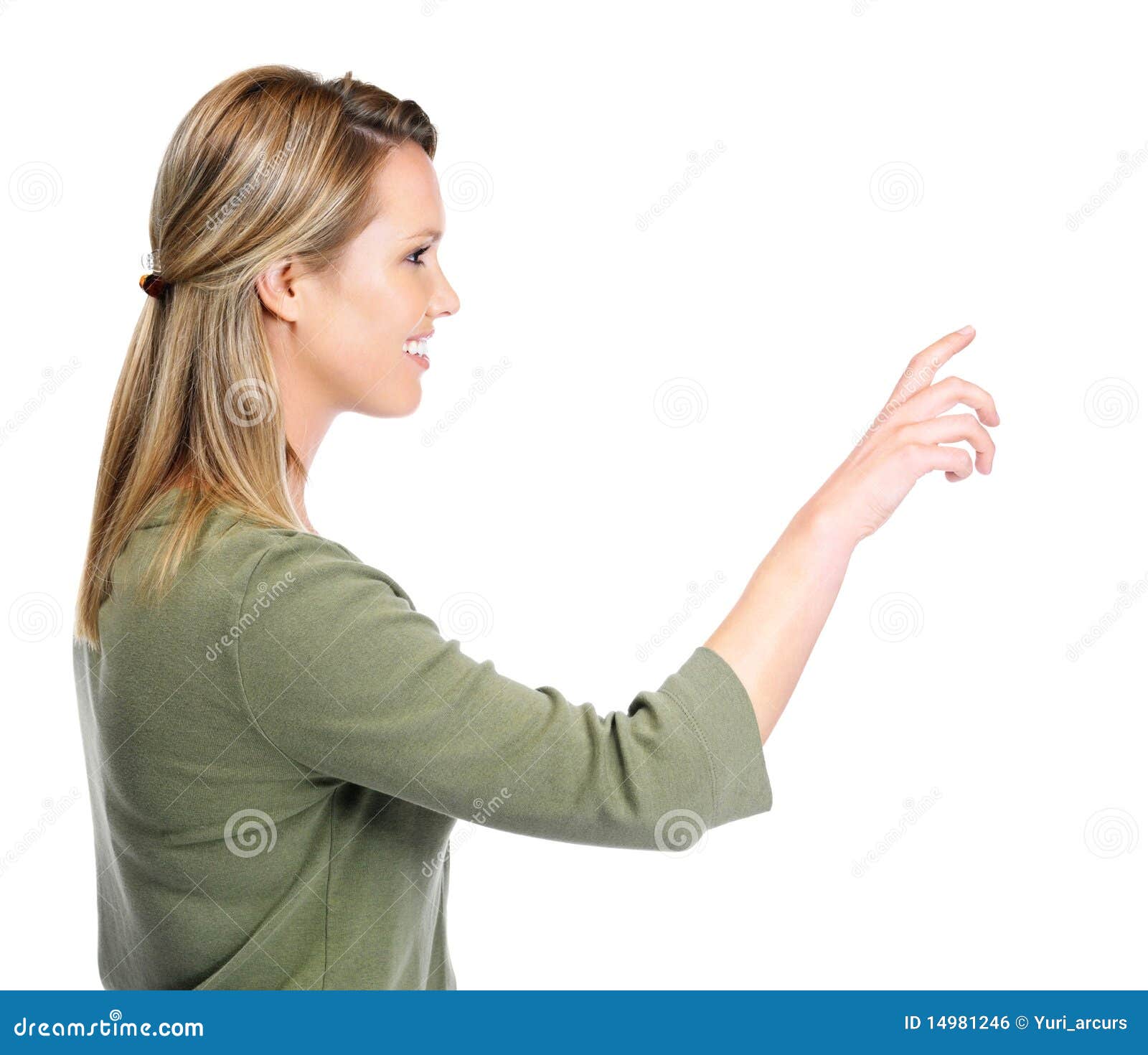 Smiling Female Pointing Out at Copyspace Stock Photo - Image of happy ...