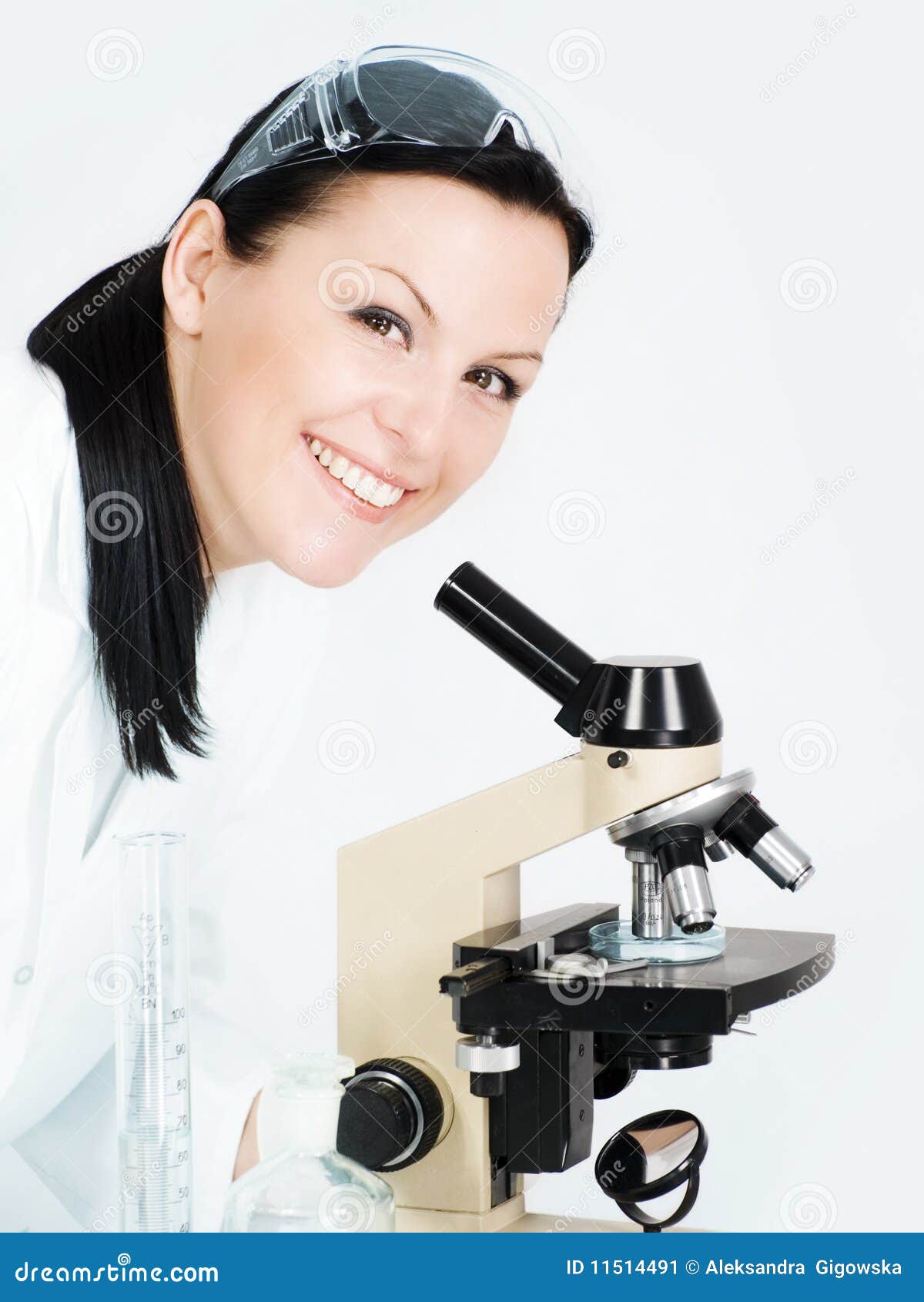 Smiling Female Researcher Working on Micr Stock Image - Image of ...