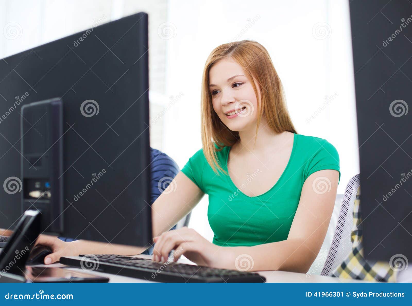 Smiling Female Student in Computer Class Stock Image - Image of happy ...