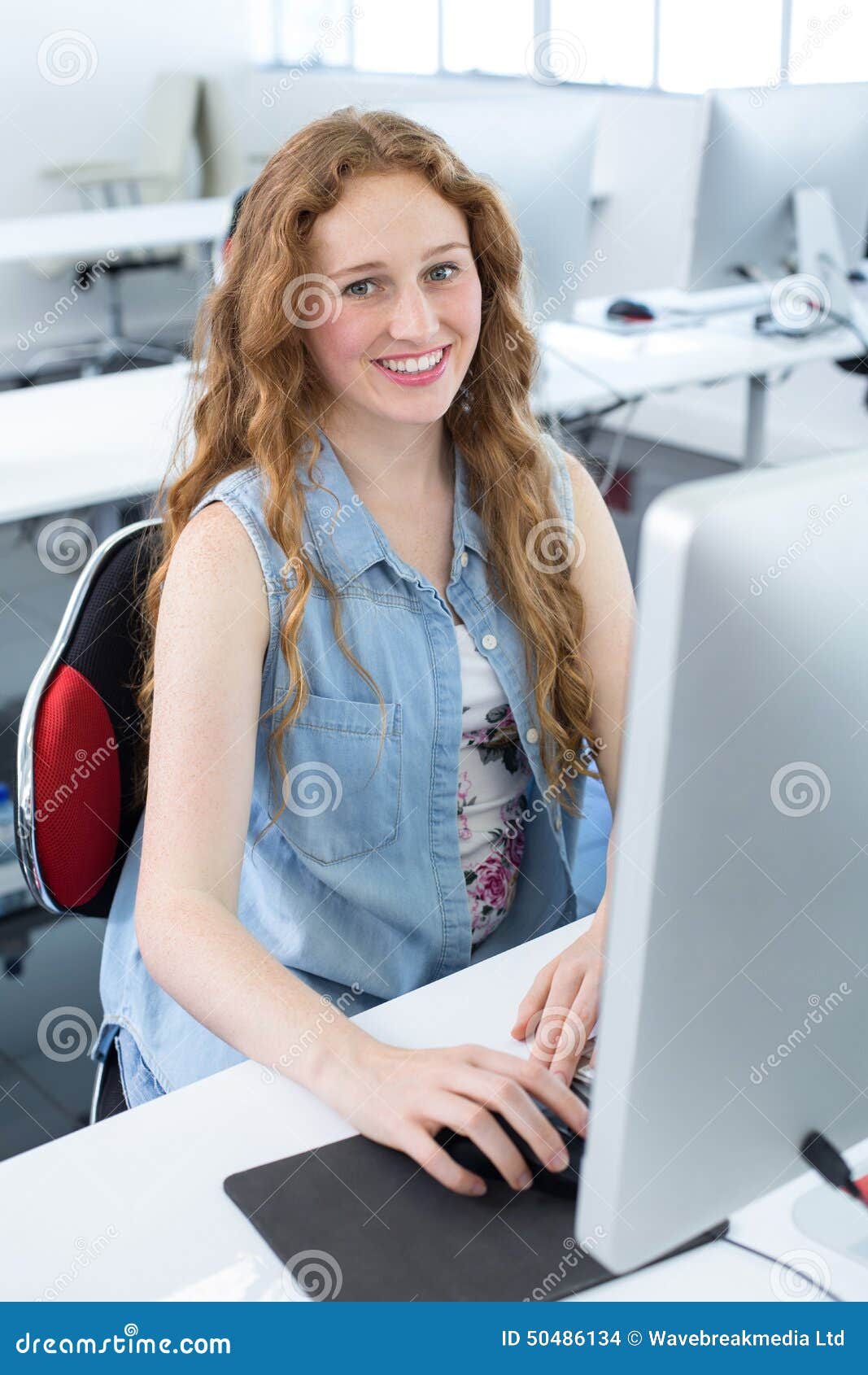 Smiling Female Student in Computer Class Stock Photo - Image of pretty ...