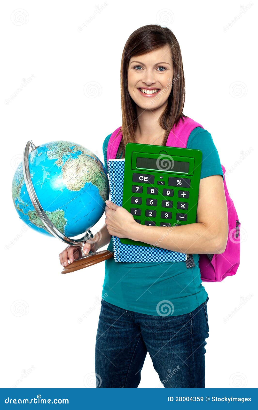 Smiling Female Student Holding a Calculator,globe Stock Image - Image ...