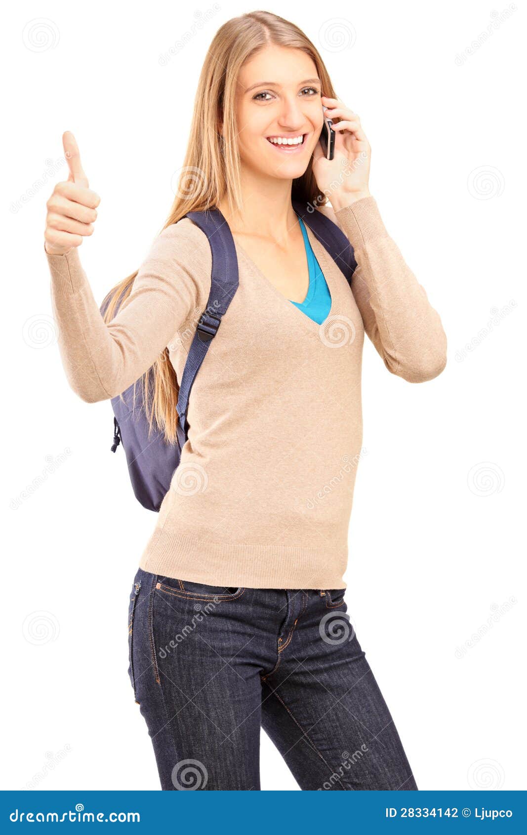 A Smiling Female Student Talking on a Phone and Giving Thumb Up Stock ...