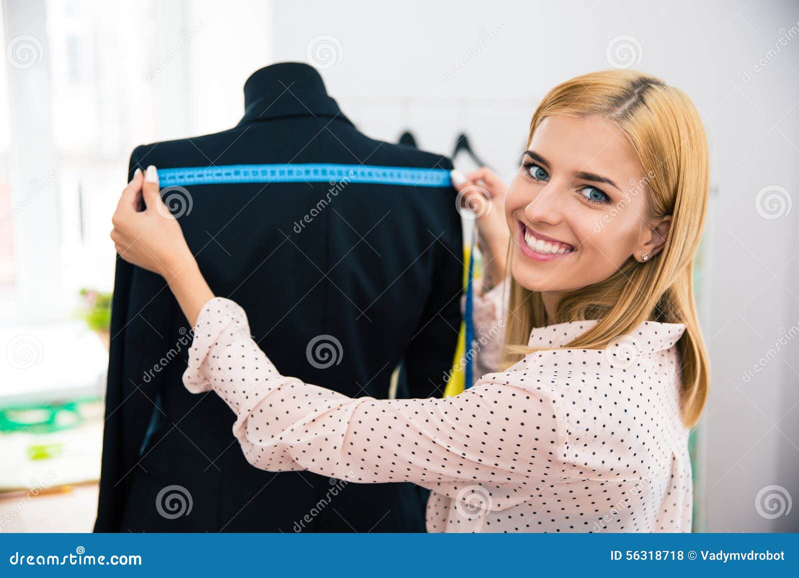 Smiling Female Tailor Measuring Tape Jacket Stock Photo - Image of ...
