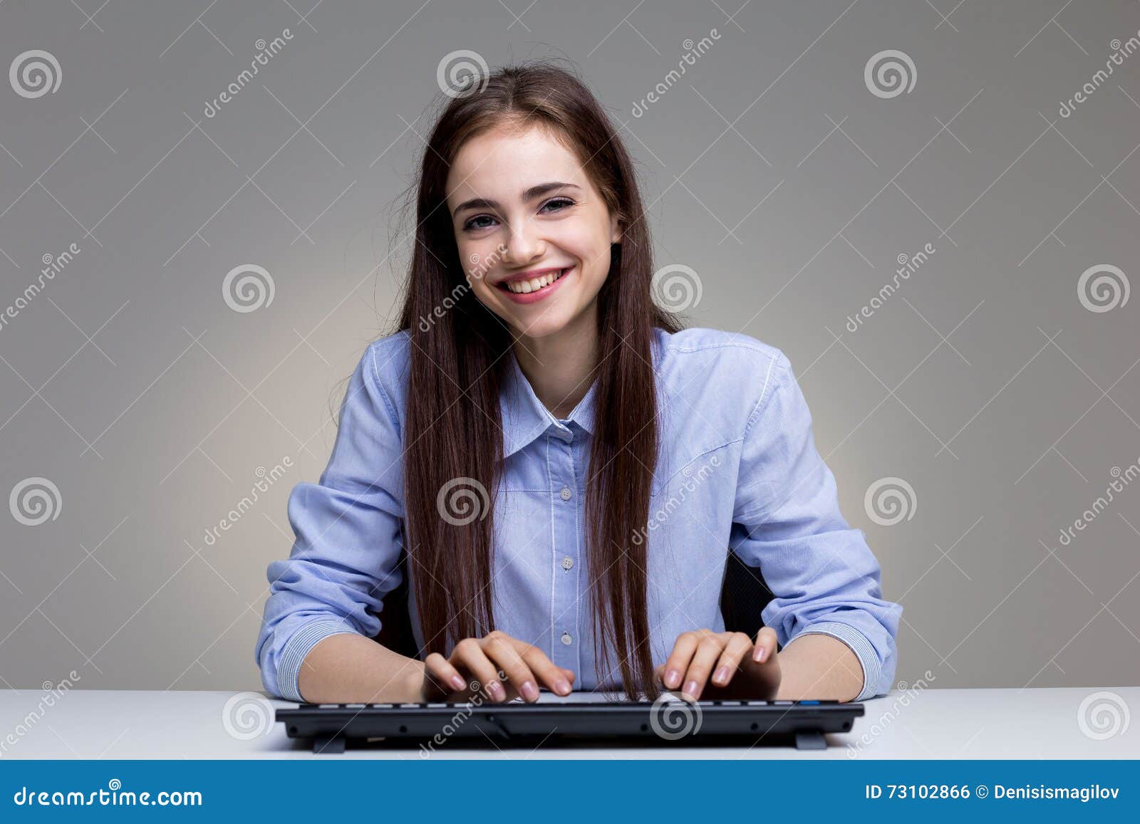 Smiling Female Using Keyboard Stock Photo - Image of happy, closeup ...