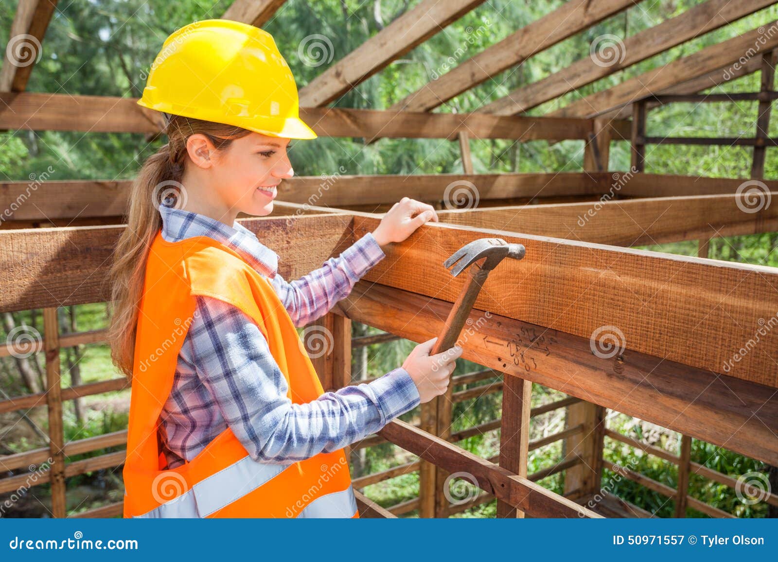 Smiling Female Worker Hammering Nail on Timber Stock Image - Image of ...
