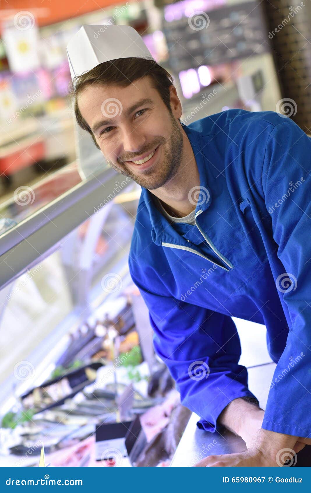 Smiling Fishmonger in Supermarket Stock Image - Image of occupation ...