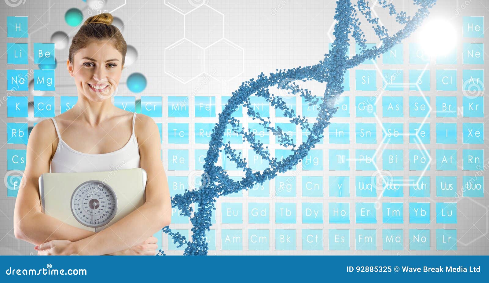 Smiling Fit Woman Holding Weight Machine by DNA Structure Stock ...