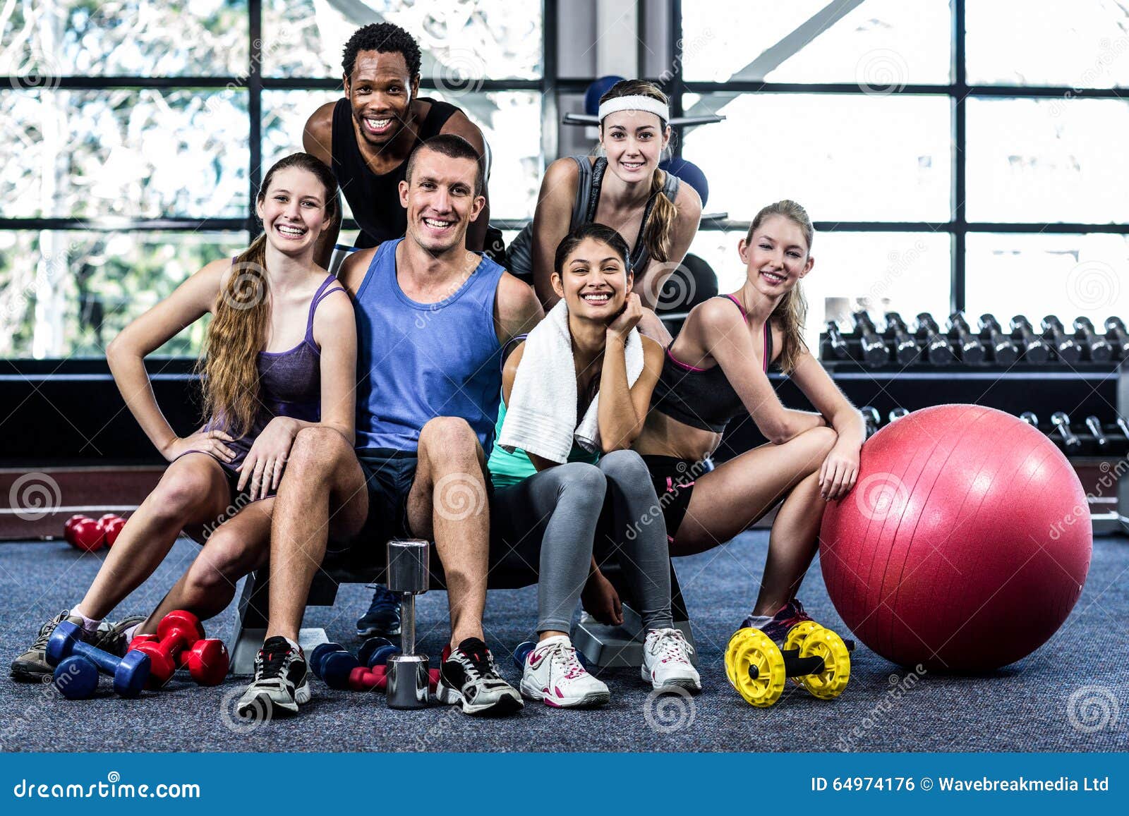 Smiling Fitness Class Posing Together Stock Photo - Image of fitness ...