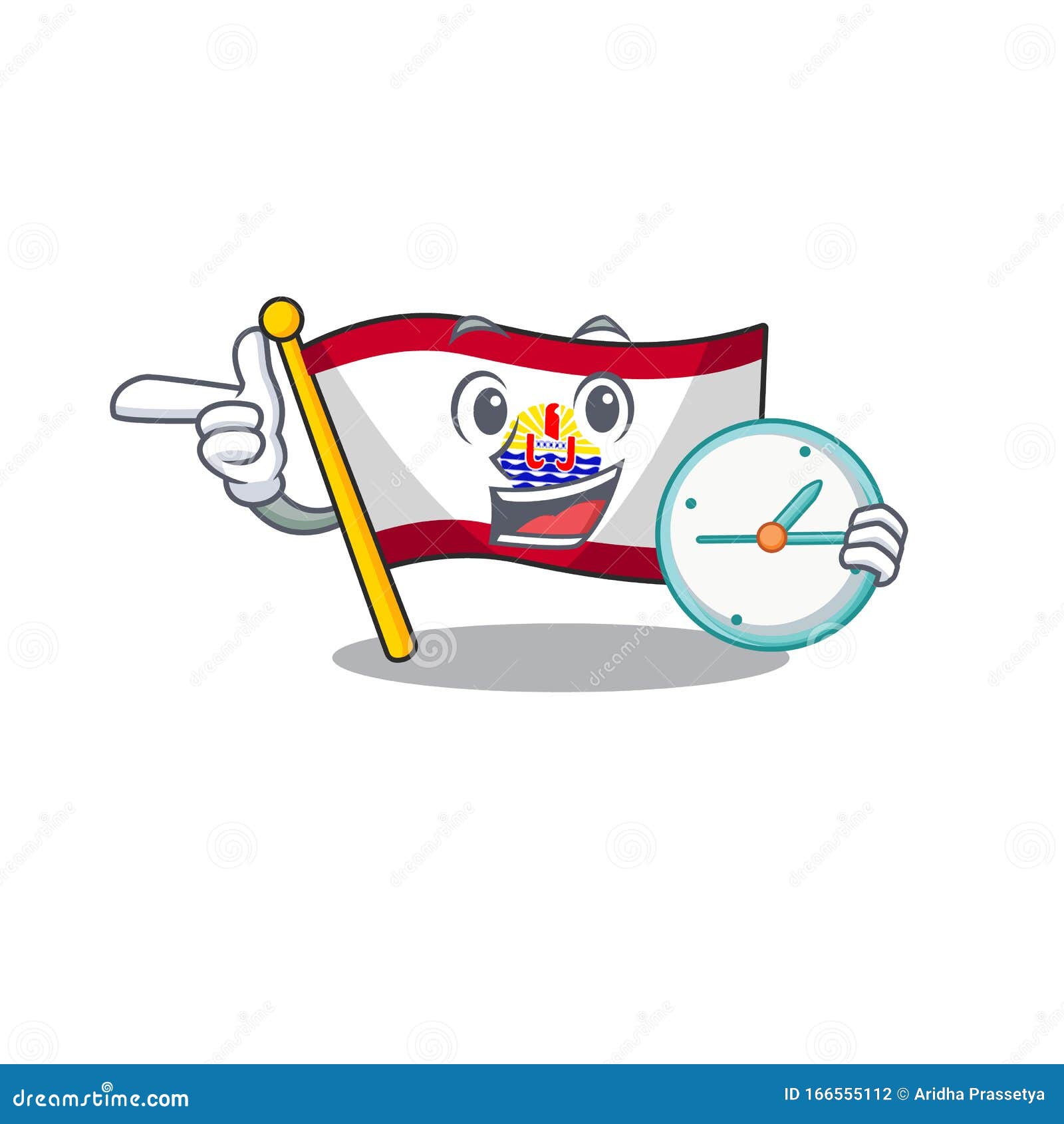 Smiling Flag French Polynesia Scroll Cartoon Character Style with Clock ...