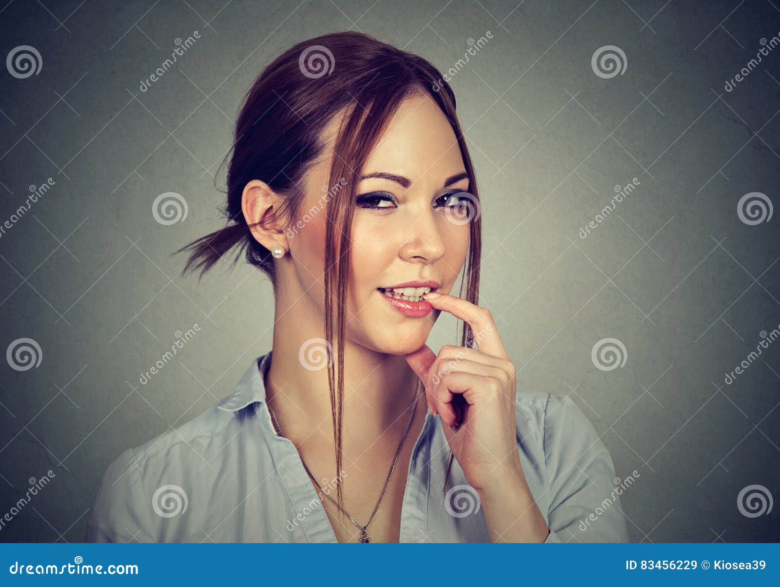 Smiling Flirting Woman With Finger On Lip Stock Image Image Of Mind