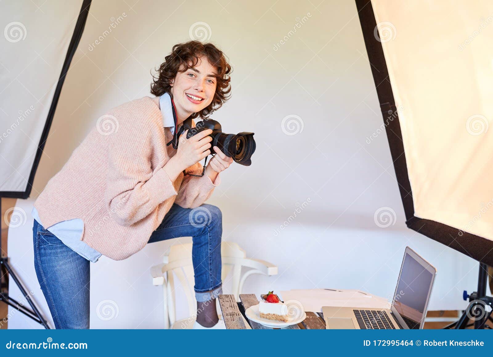 Smiling Food Photographer with Camera and Pie Stock Photo - Image of ...