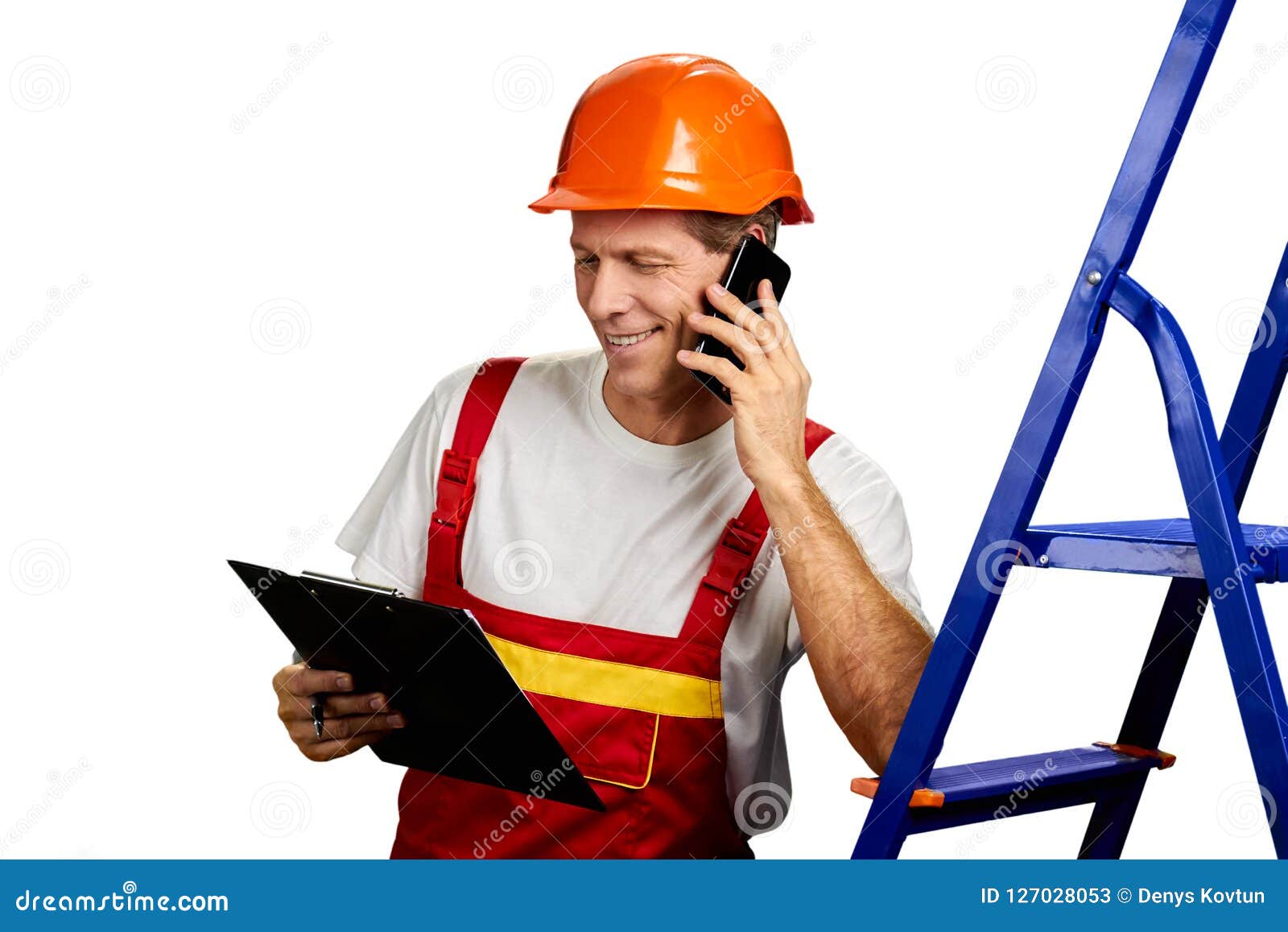 Smiling Foreman Talking on Cell Phone. Stock Image - Image of ...
