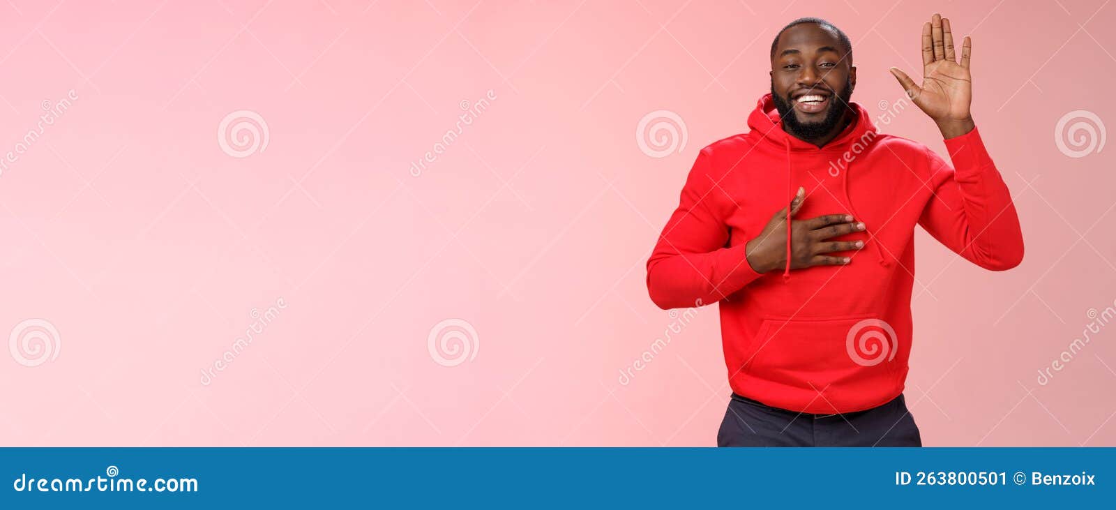 Smiling Friendly African American Sincere Man Raise Palm Hold Hand