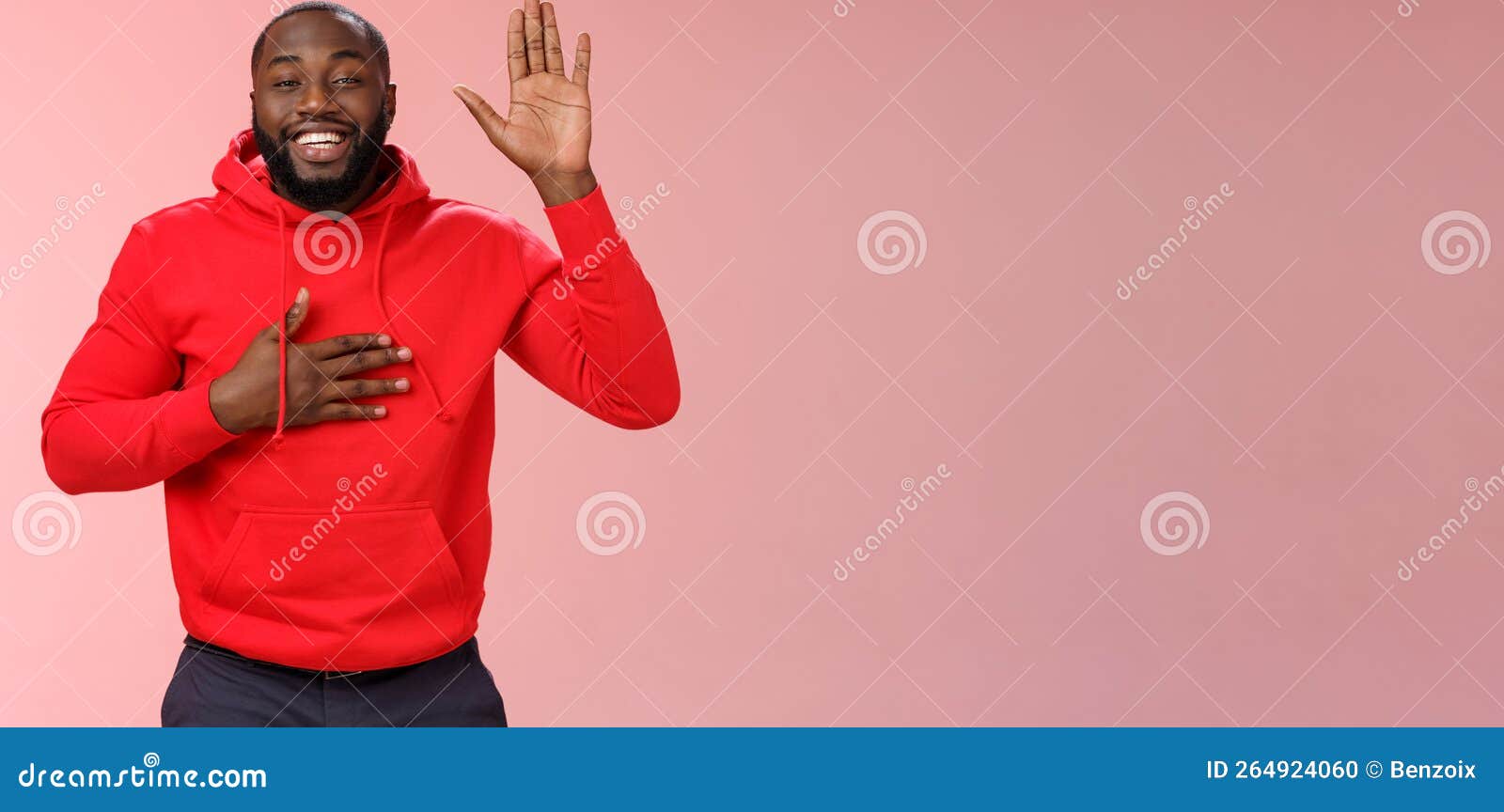 Smiling Friendly African American Sincere Man Raise Palm Hold Hand